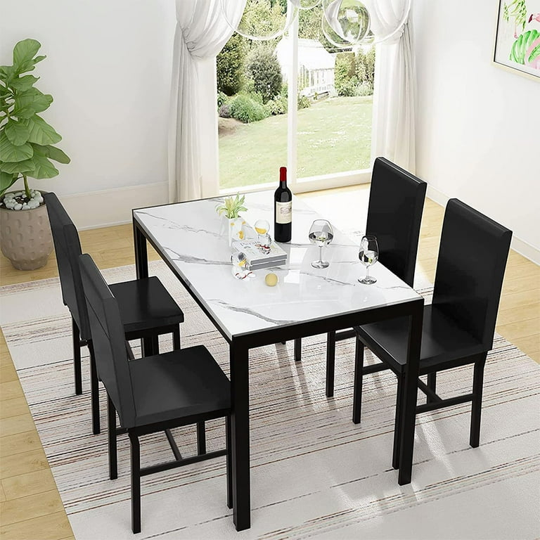 SEGMART 5 Piece Faux Marble Top Dining Table Set for 4 Rectangular Table and 4 High Back PU Leather Padded Chairs Small Space Dining Set Home