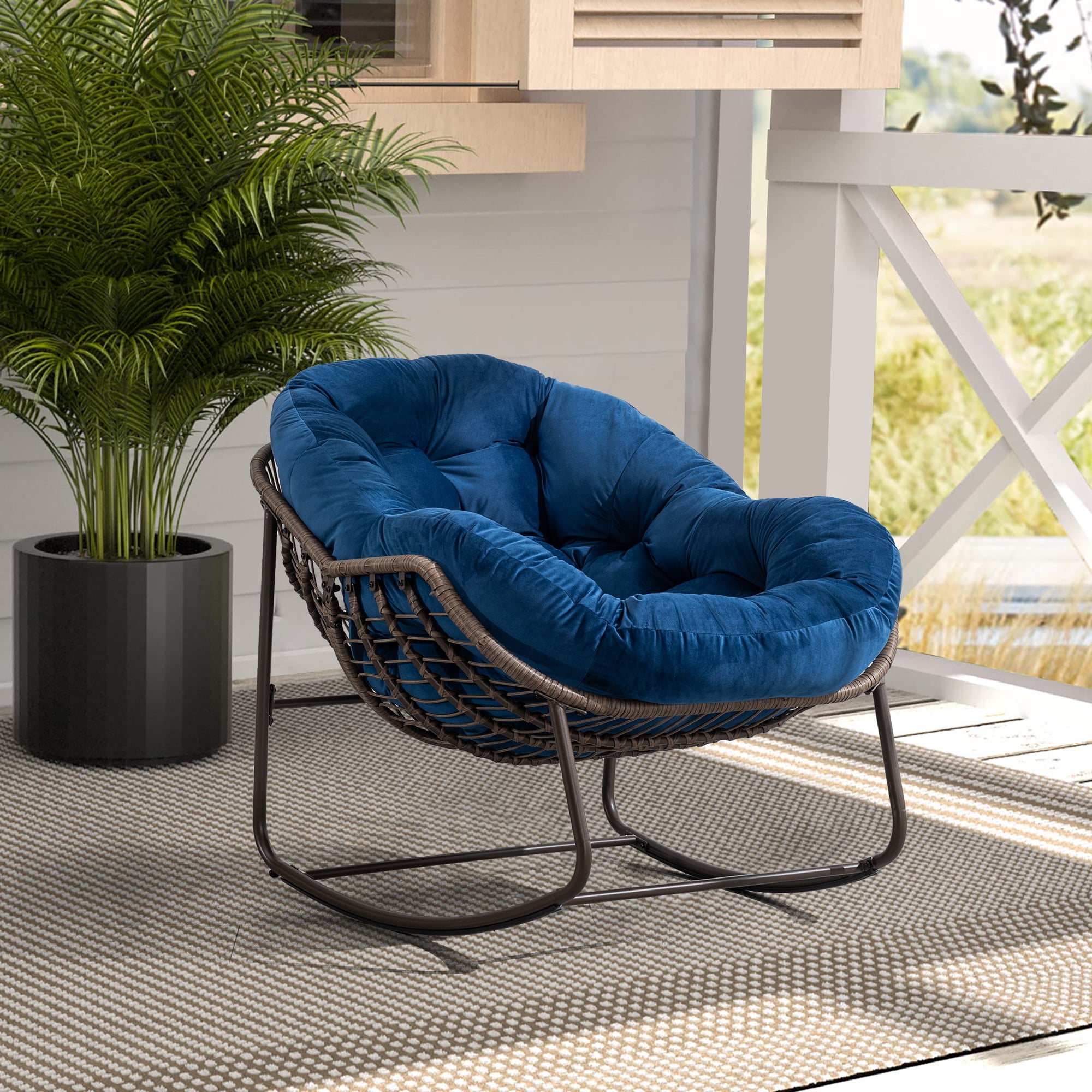 SEGMART Outdoor Rattan Rocking Chair, Oversized Papasan Chair with ...