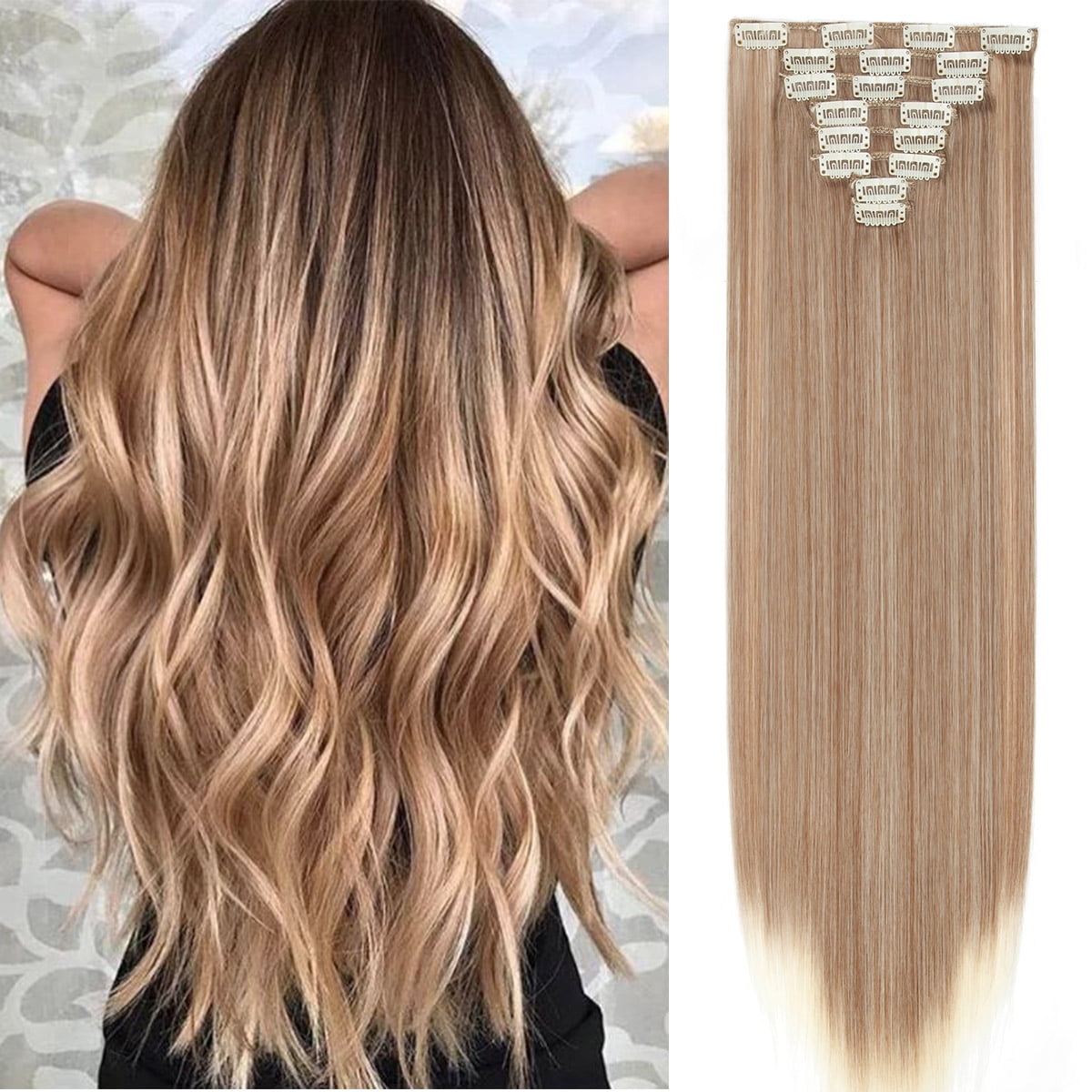 SEGO Clip in Hair Extensions Straight Full Head Real Hair 8 Hair Pieces ...