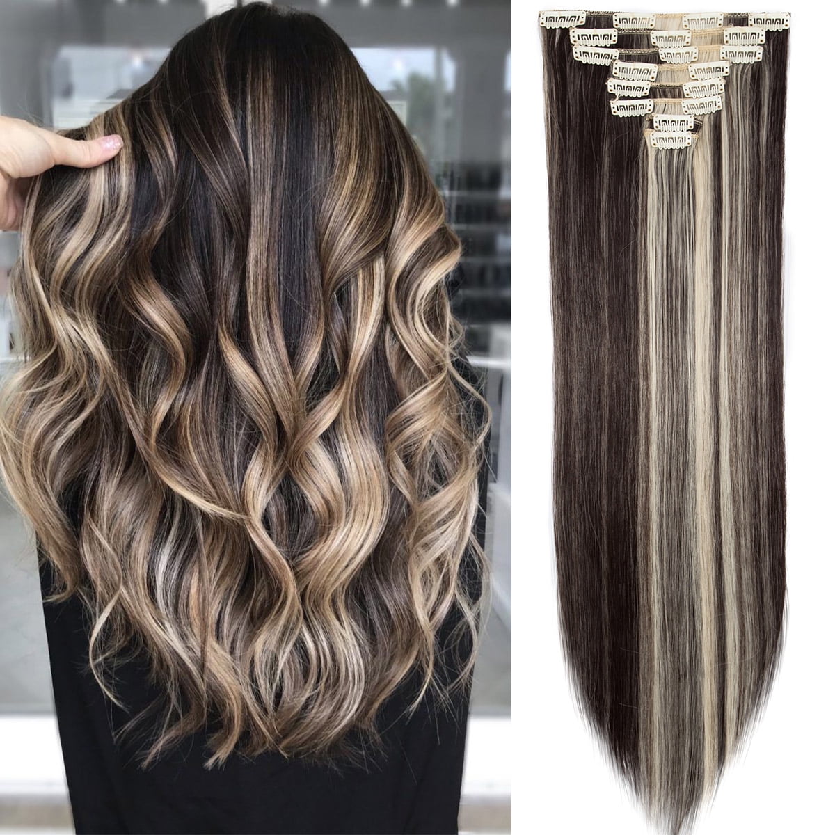SEGO Clip in Hair Extensions Straight Full Head Real Hair 8 Hair Pieces ...