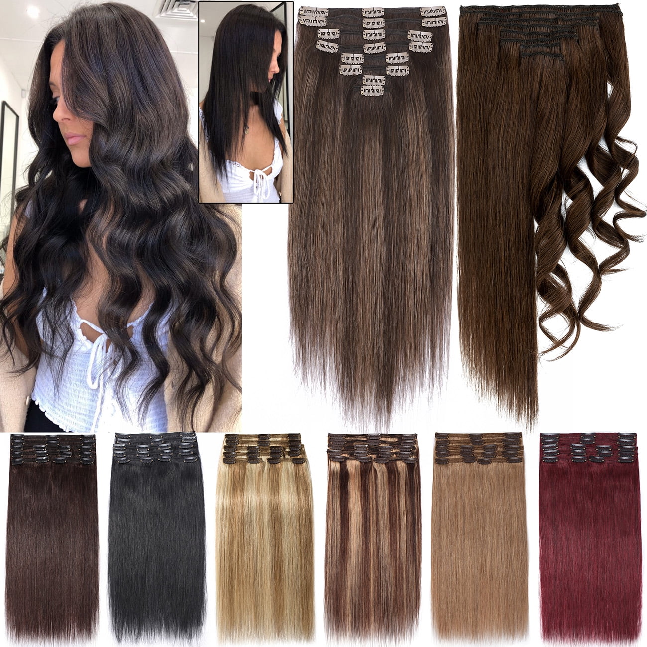 SEGO Clip in 100% Human Hair Extensions Real Thick Remy Hair Full Head ...