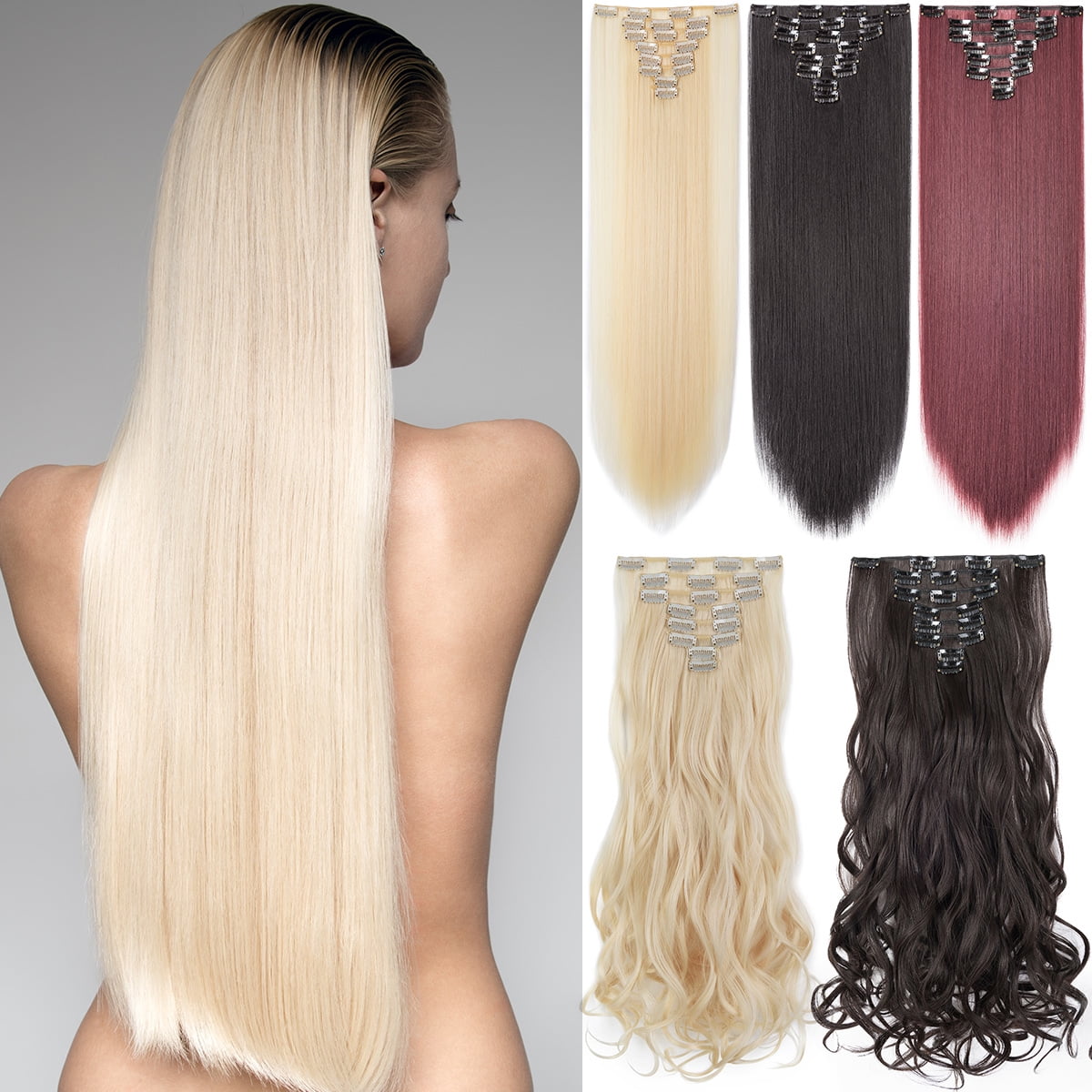 SEGO Clip in Hair Extensions Full Head Thick Long Straight/Curly Wave ...