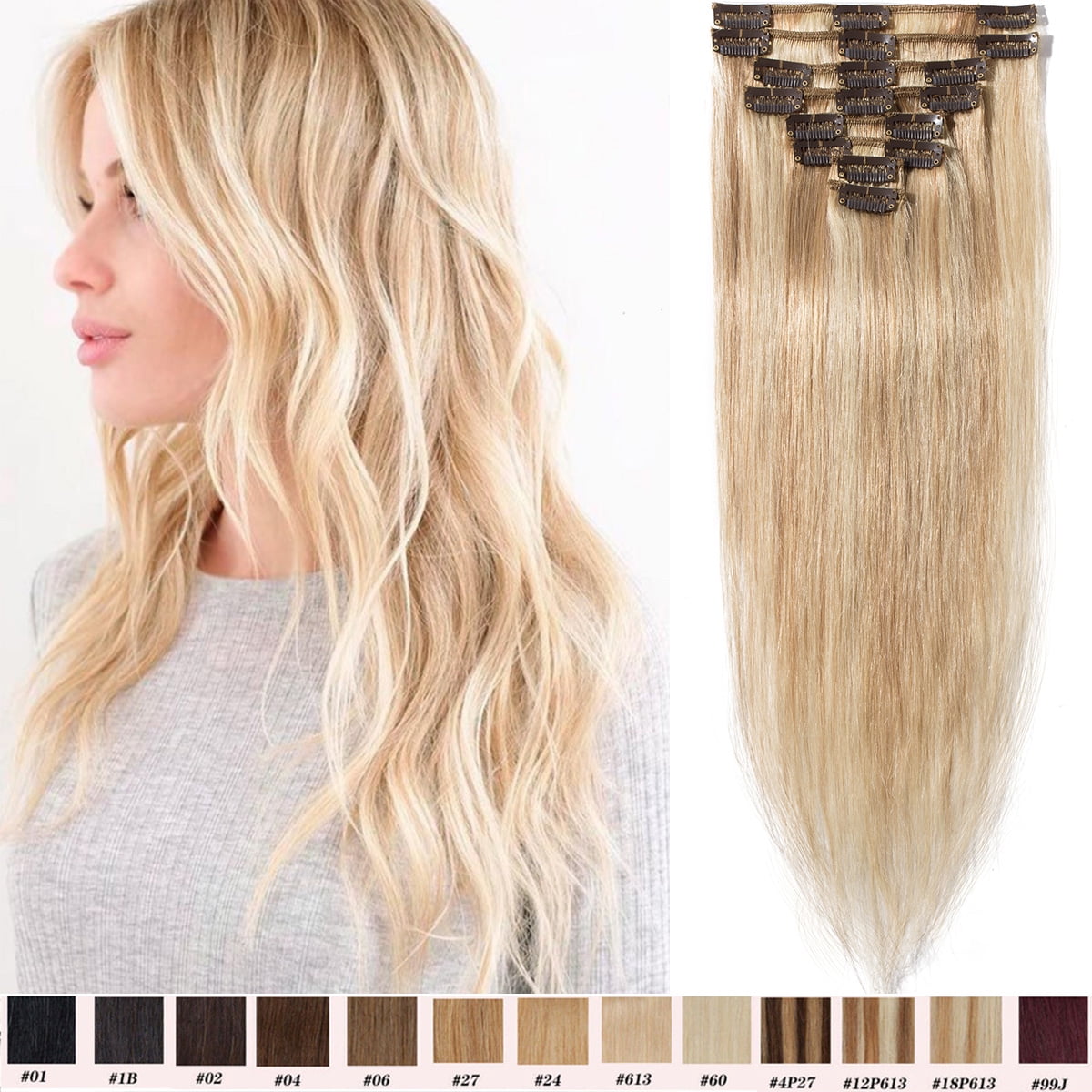 SEGO Clip in Hair Extensions Human Hair Full Head 100% Real Remy Thick ...