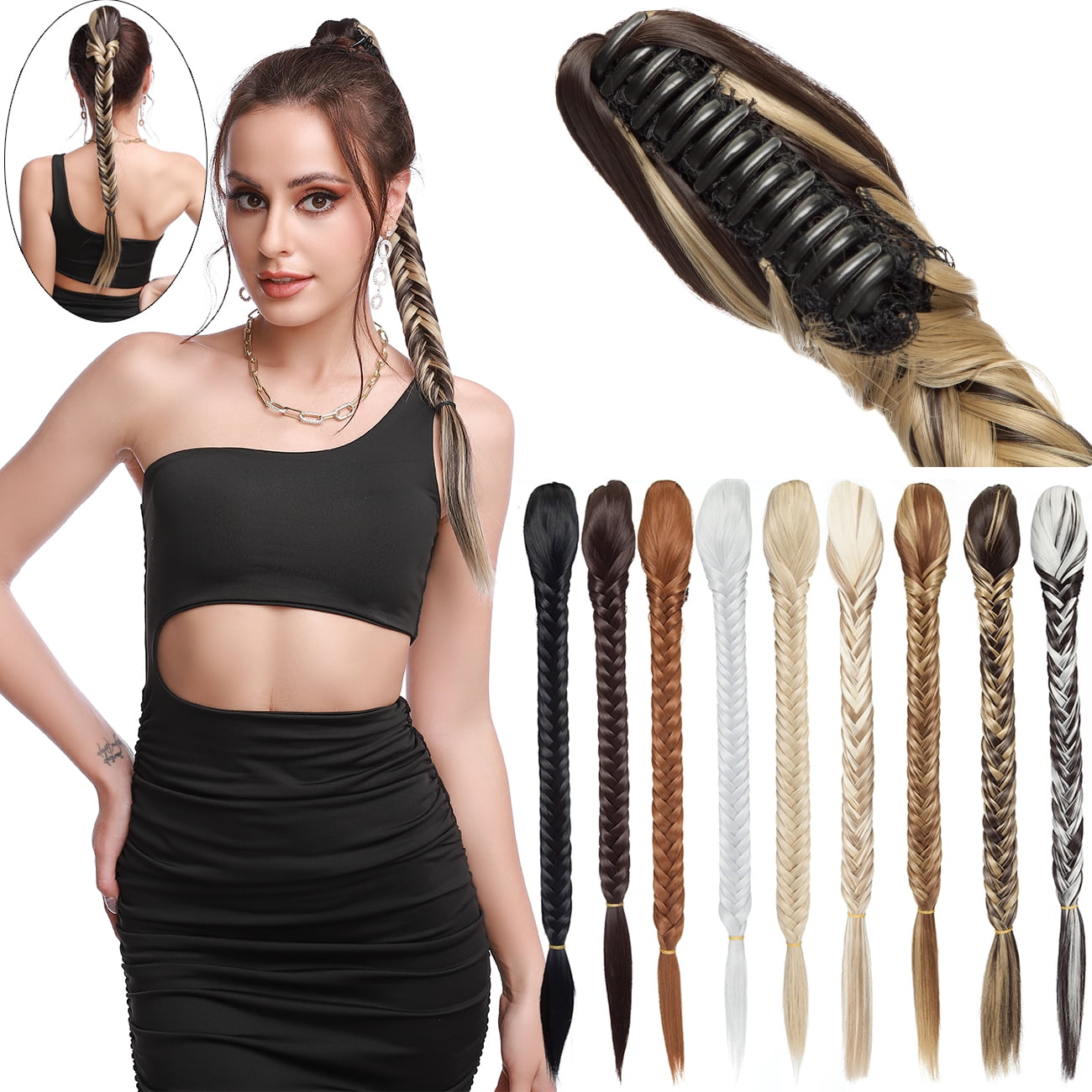 SEGO Long Fishtail Braid Ponytail Clip in Hair Extensions as Human Claw ...