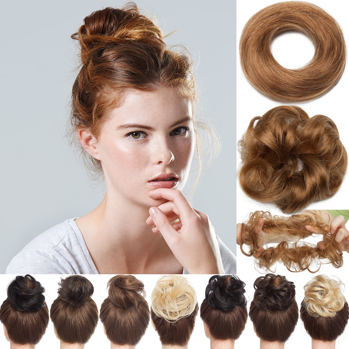 SEGO Messy Human Hair Bun Extensions Straight/Curly Hair Bun Hairpiece ...