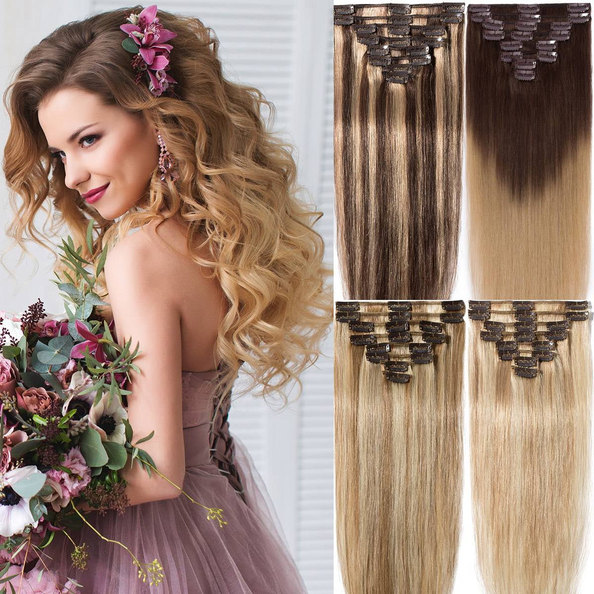 SEGO Ombre Clip in Human Hair Extensions Full Head Highlight Blonde 100 ...