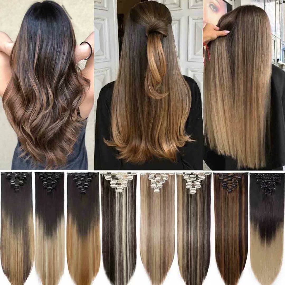 SEGO Pink Blue Purple Full Head Straight Clip in Hair Extensions 8 ...