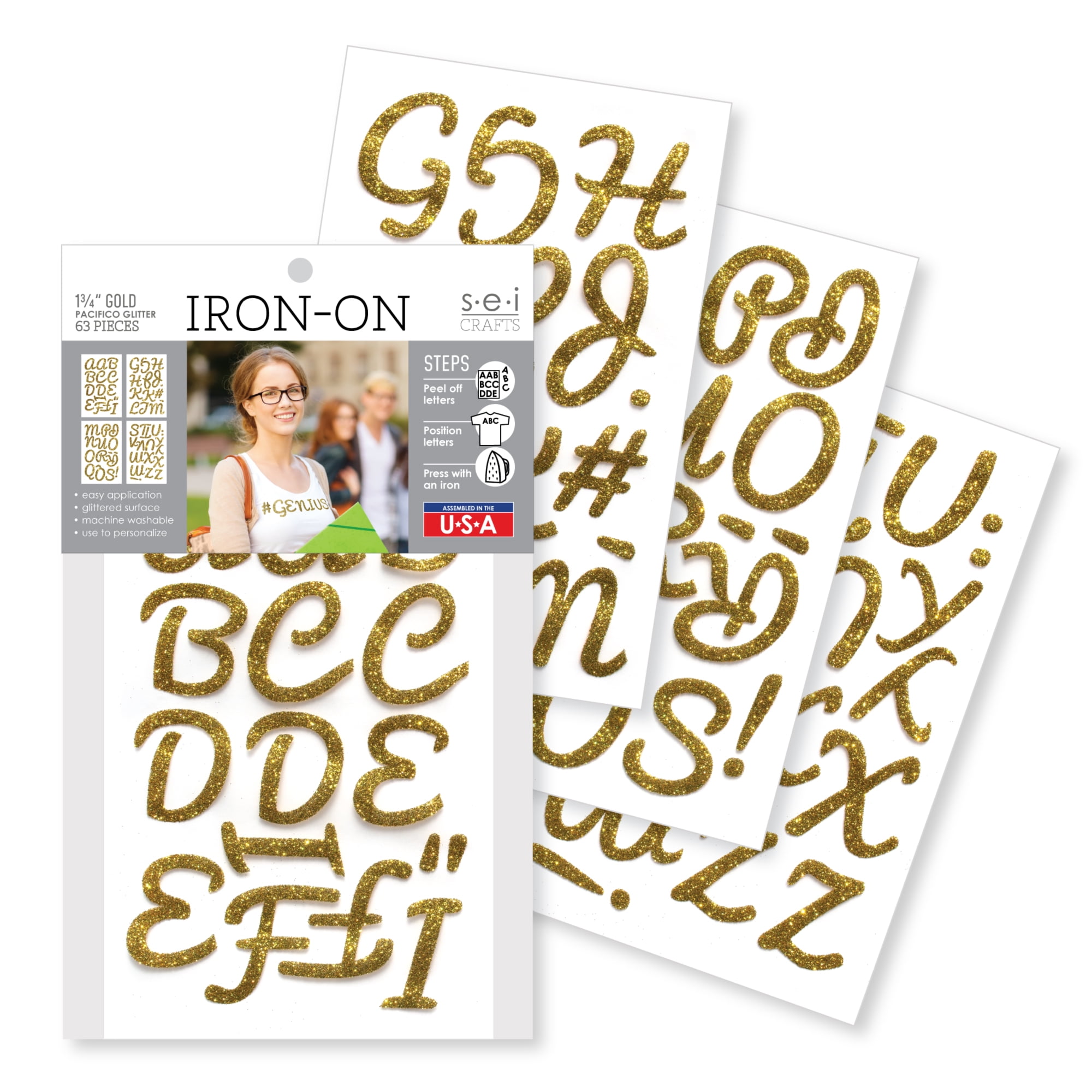 S•e•i 1.75-Inch Gold Glitter Iron-on Letters for Shirts and Jerseys, 63 ...