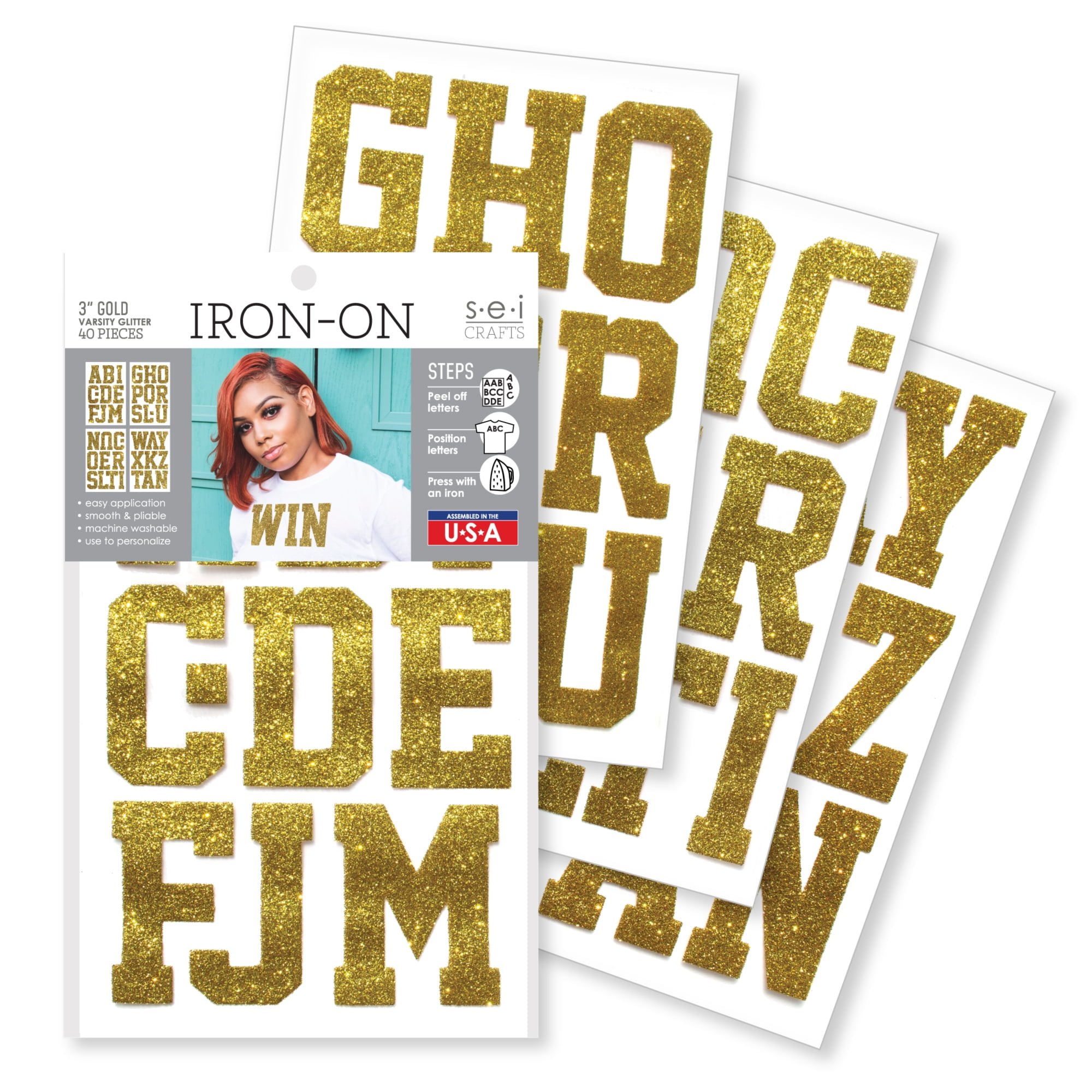SEI 3-inch Varsity Glitter Iron-on Heat Transfer Letters, Gold ...