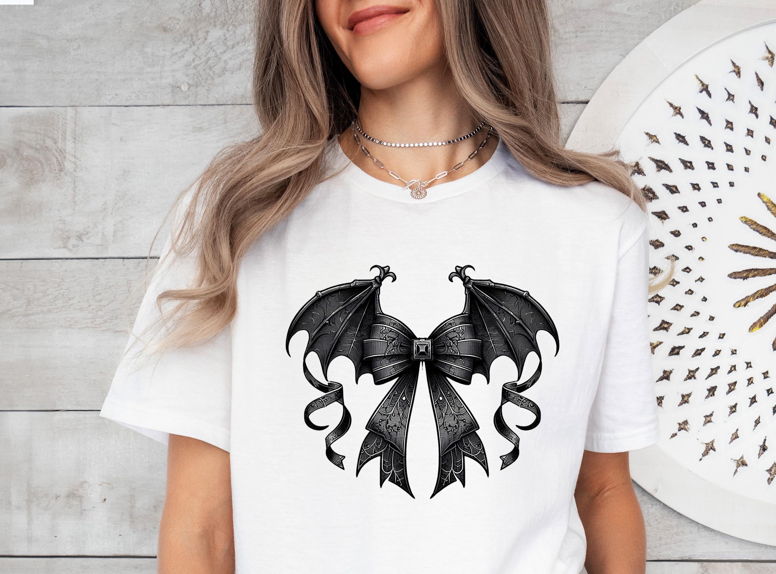 SEIKEMS Gothic Bat Wing Bow Shirt, Dark Halloween Aesthetic Tee, Spooky ...