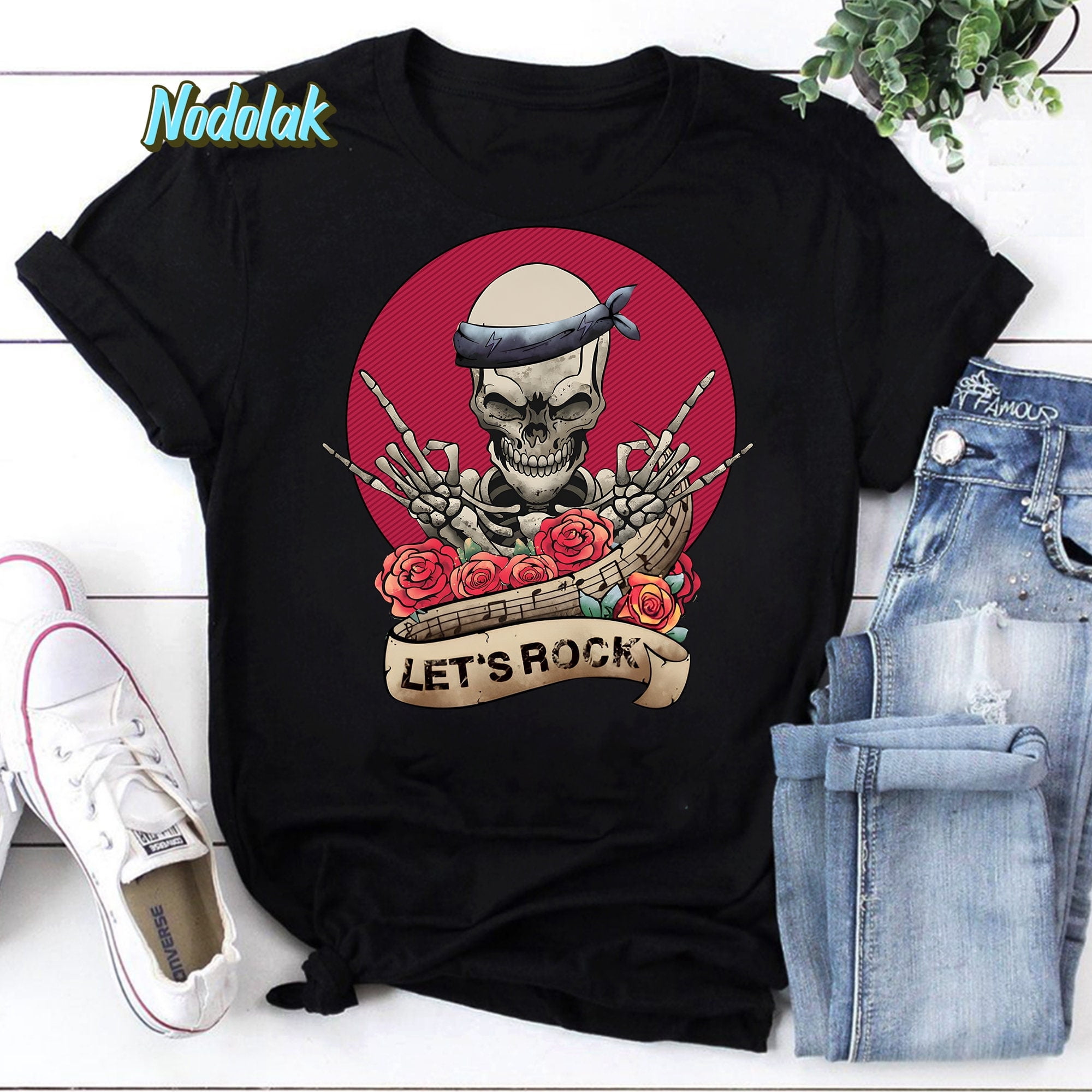SEIKEMS Lets Rock Rock&Roll Skeleton Vintage T-Shirt, Let's Rock Shirt ...