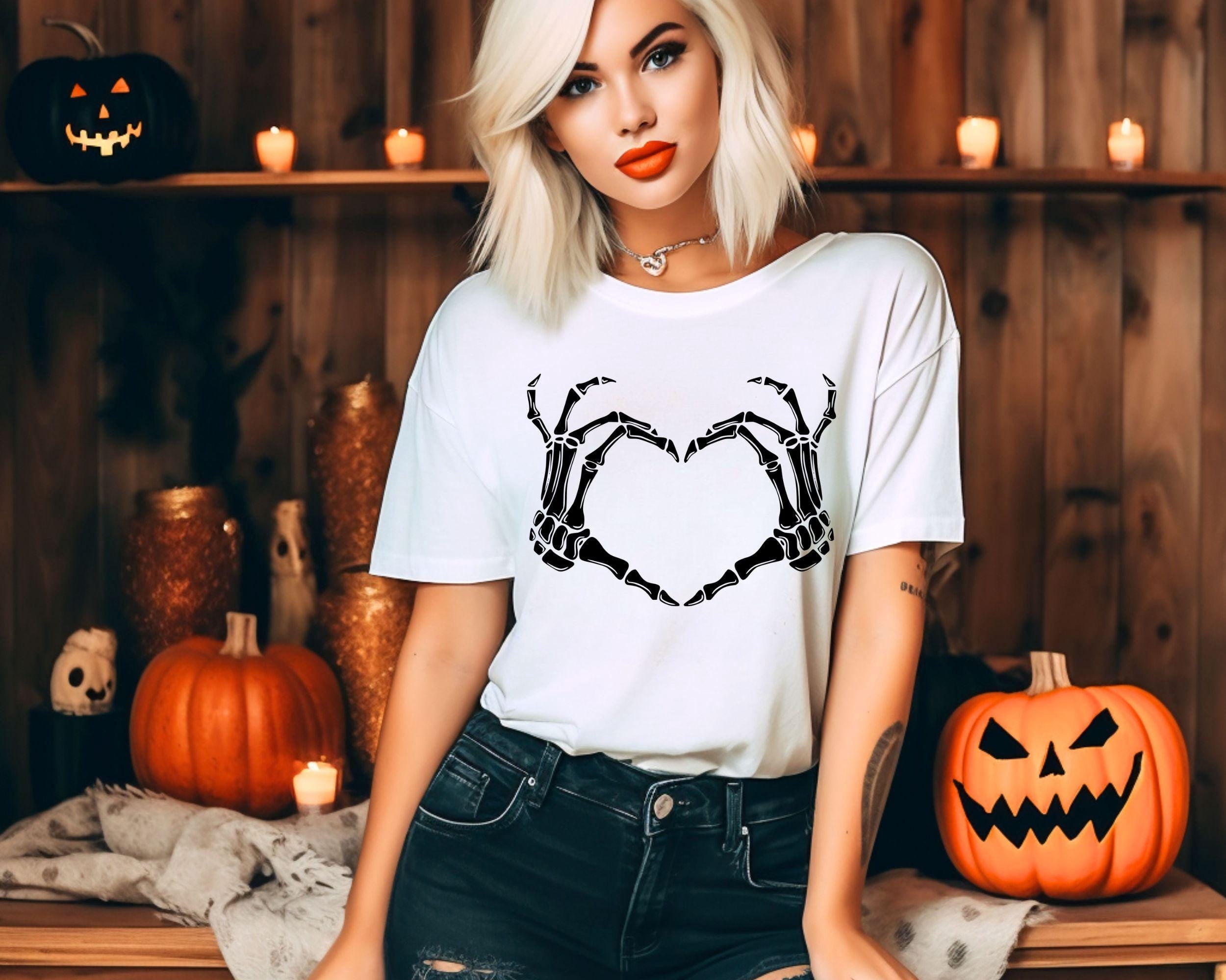 SEIKEMS Skeleton Hand Shirt, Skeleton Halloween Shirt, Womens Halloween ...