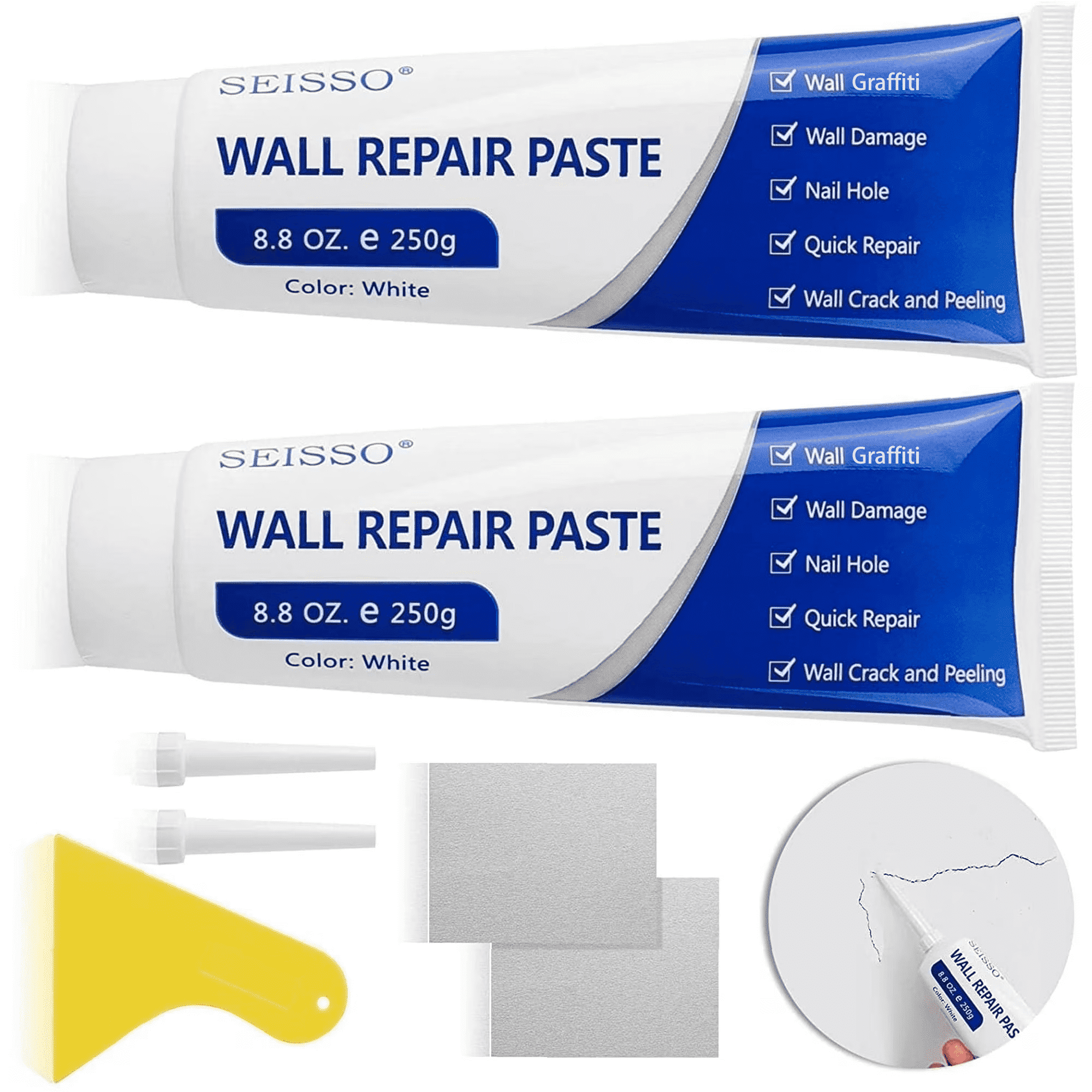 SEISSO White Drywall Repair Kit, 2 Pack, 500g, Wall Plaster Patching ...