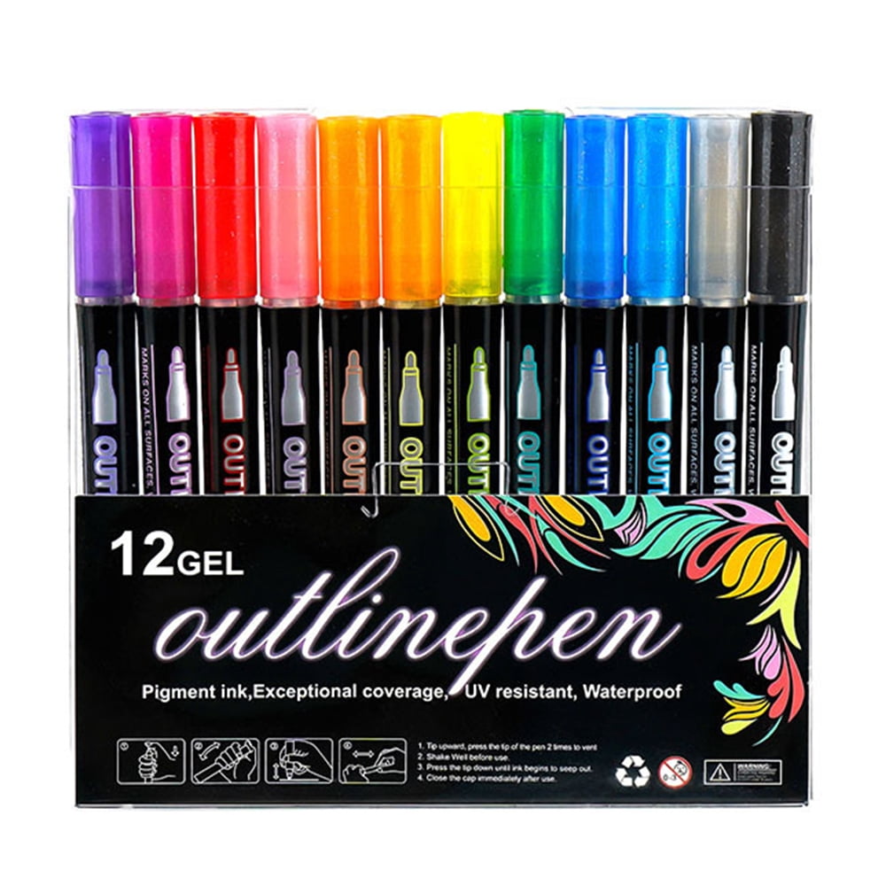 SEIWEI 12PCS Double Line Glitter Outline Pen Set Marker Pens Doodle Pen ...