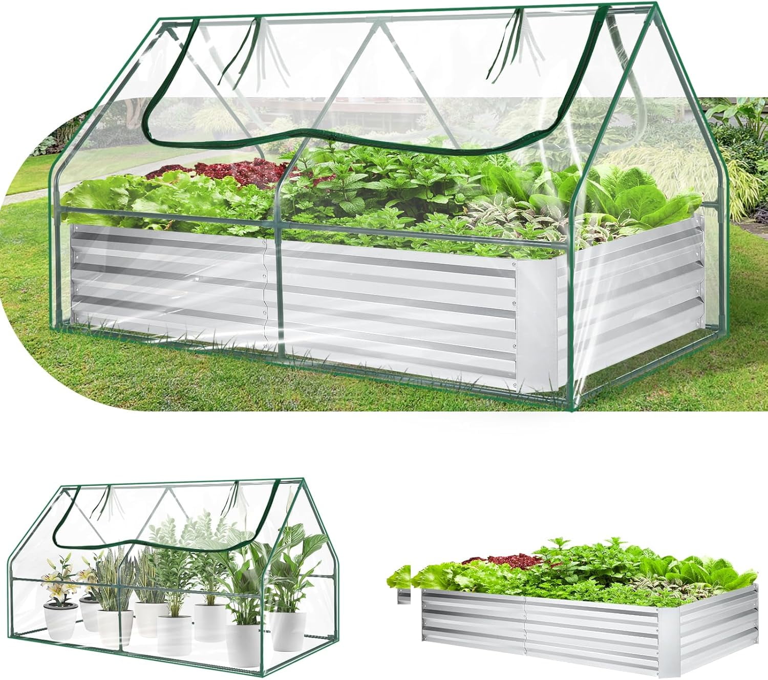 SEJOV 6x3x1ft Galvanized Raised Garden Bed with Cover & 2 Large Windows ...