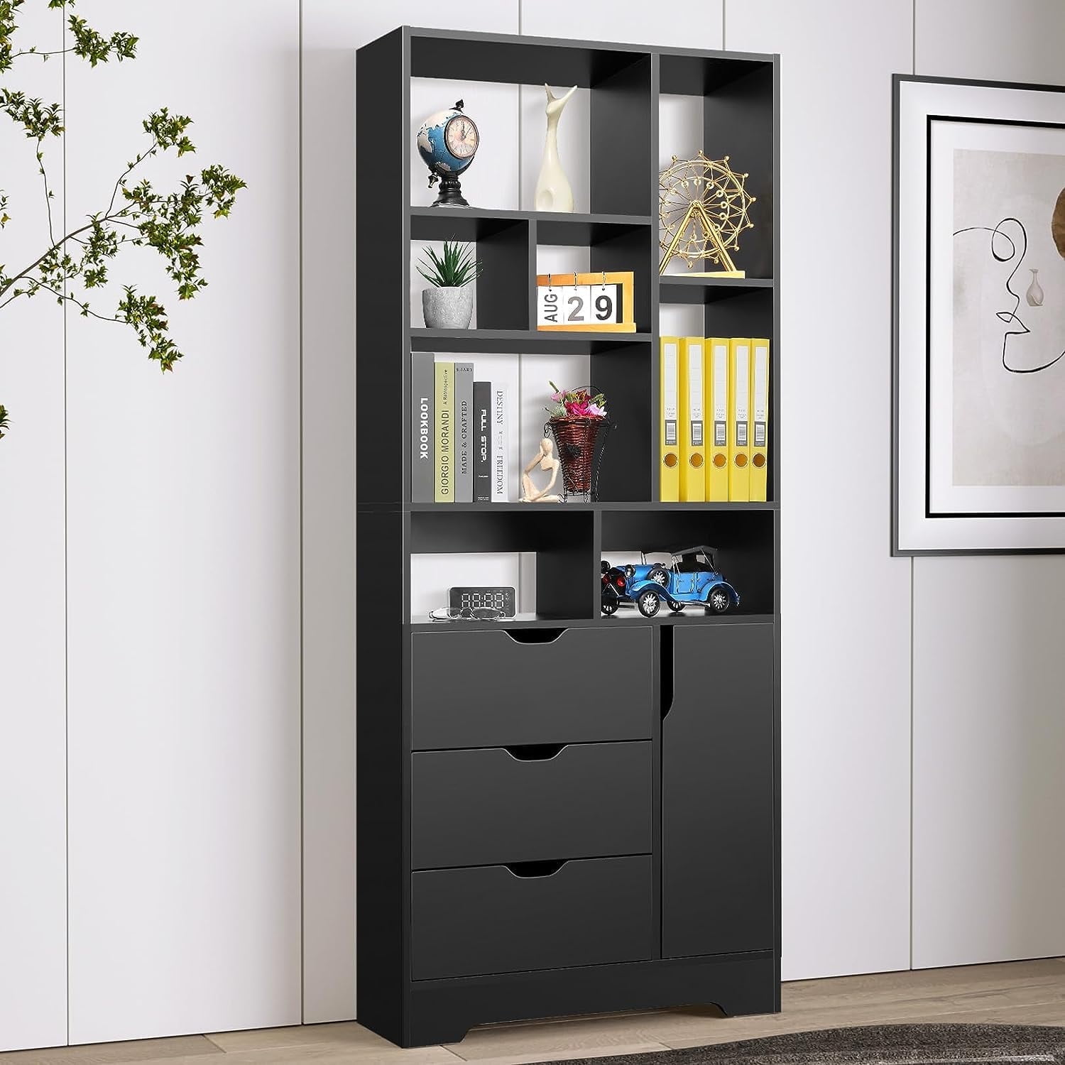 SEJOV 71" Black Bookshelf with Door and 3 Drawers Tall Bookcase with ...