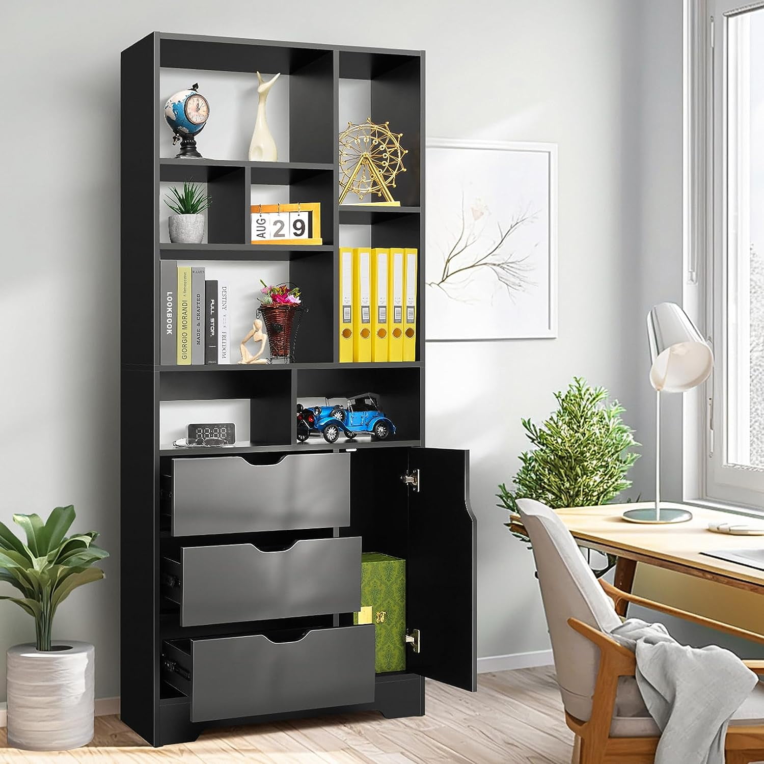 SEJOV 71" Black Bookshelf with Door and 3 Drawers Tall Bookcase with ...
