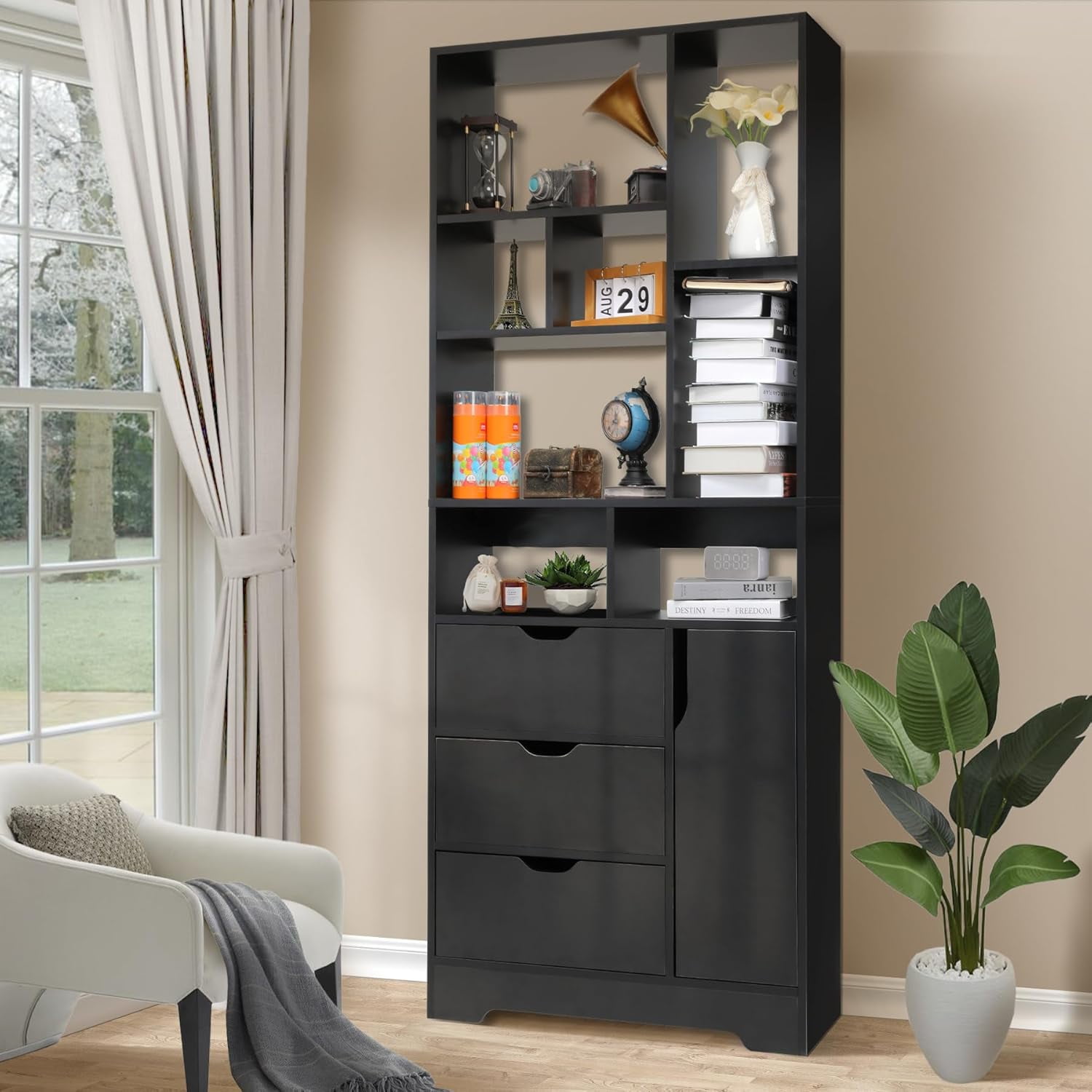 SEJOV 71 Inch Tall Bookcase, Black Bookshelf with 3 Drawers and 8 Open ...