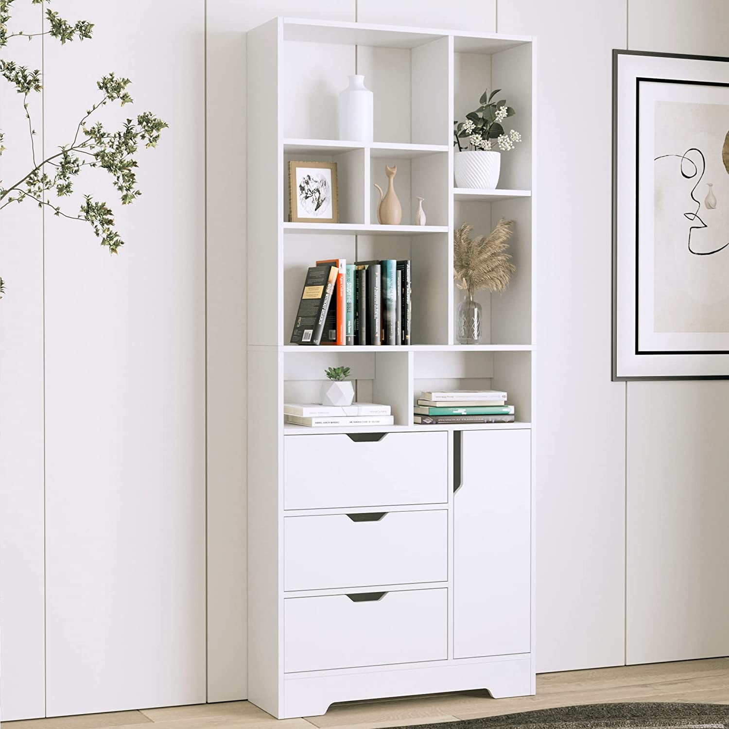SEJOV 71" Black Bookshelf with Door and 3 Drawers Tall Bookcase with ...