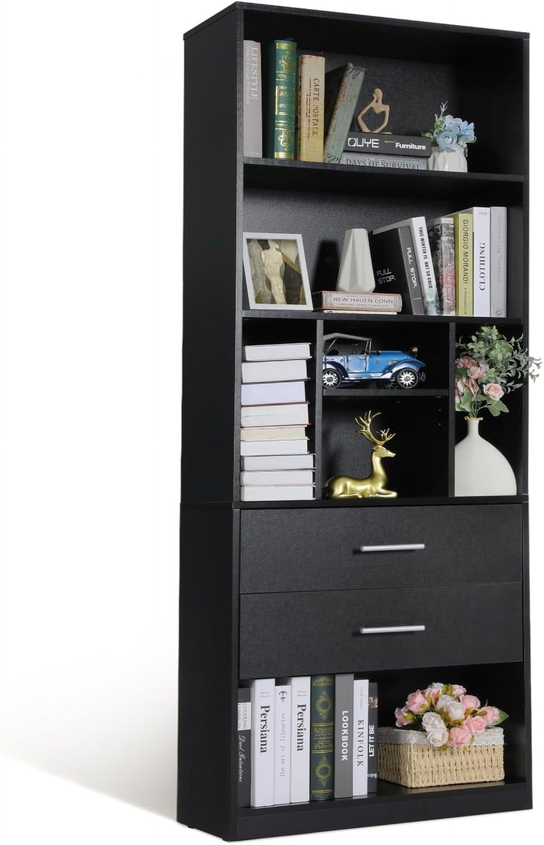 SEJOV Black Bookshelf, 71" Tall Bookcase with 2 Drawers, Wooden ...
