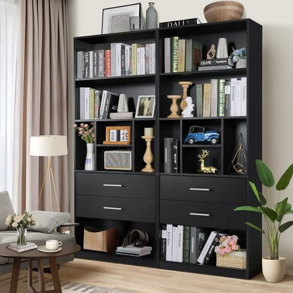 SEJOV Black Bookshelf, 71" Tall Bookcase with 2 Drawers, Wooden ...