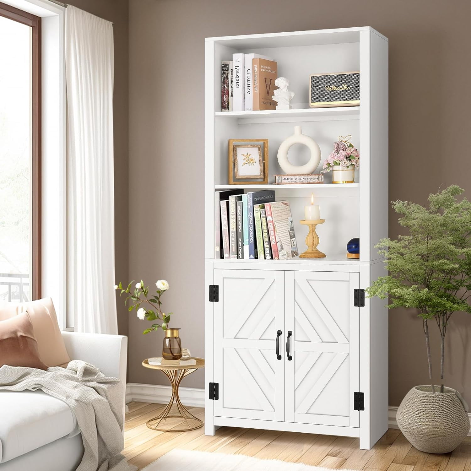 SEJOV Bookshelf 5 Tier Tall Bookcase with Doors Storage and 3-Tier Open ...
