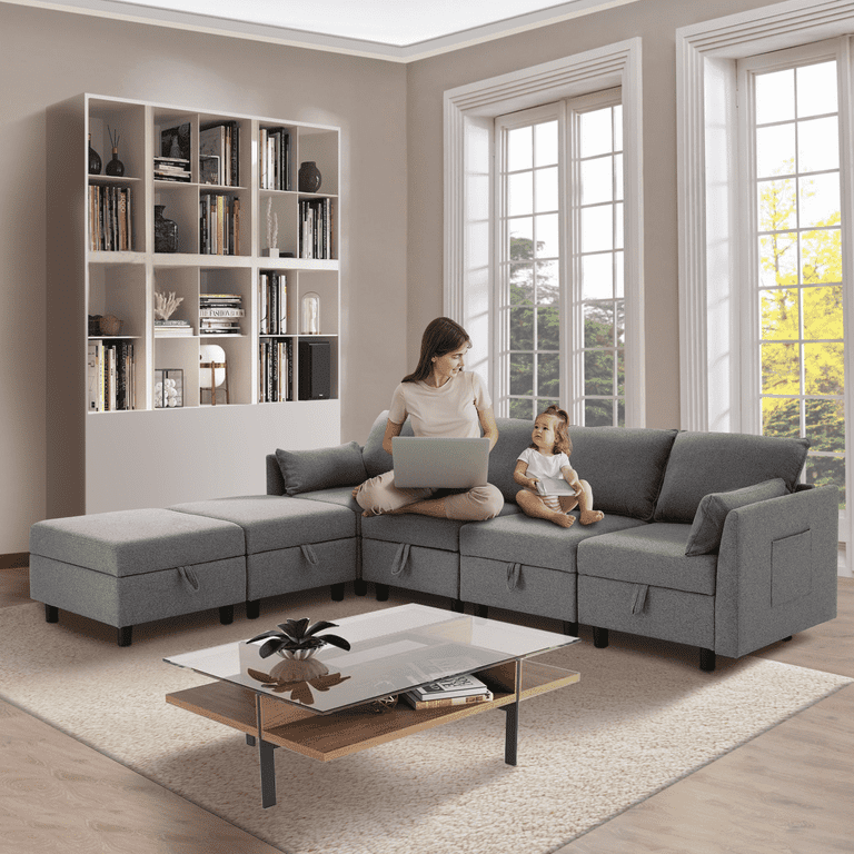 SEJOV 6 Seater Modular Sofa Couch U Shaped Convertible Comfy Velvet Home Living Room Couch with Storage Gray Walmart