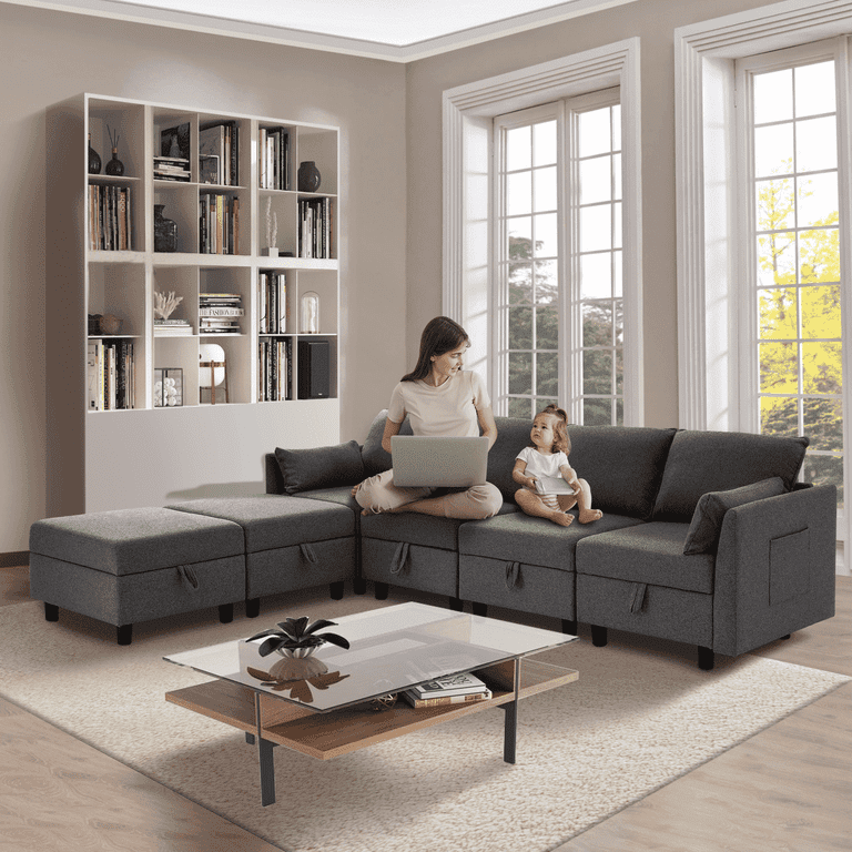 Funcid Modular Sofa and Couch Modular Sectional Sleeper Couch with Storage Oversized 6 Seat Convertible U Shaped Sectional Sofa for Home Living Room Dark Gray Linen Walmart