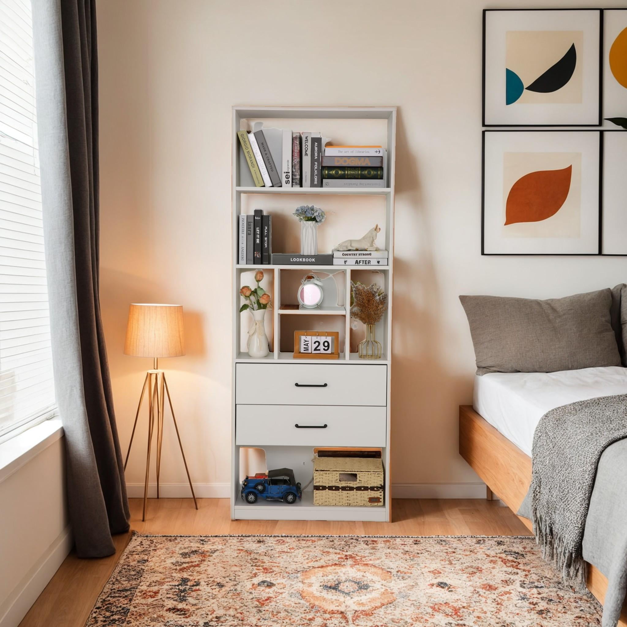 SEJOV White Bookshelf, 71" Tall Bookcase with 2 Drawers, Wooden ...