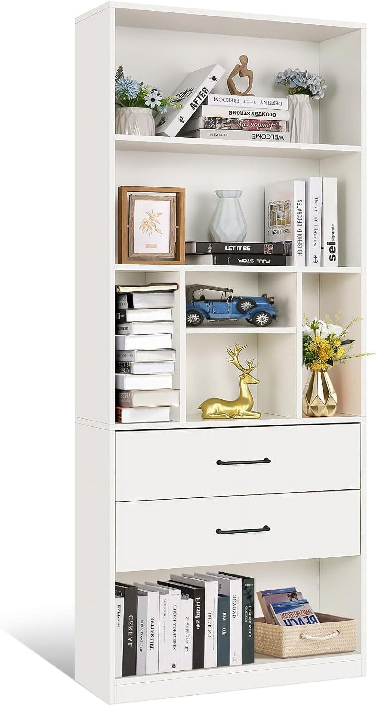 SEJOV White Bookshelf, 71" Tall Bookcase with 2 Drawers, Wooden ...