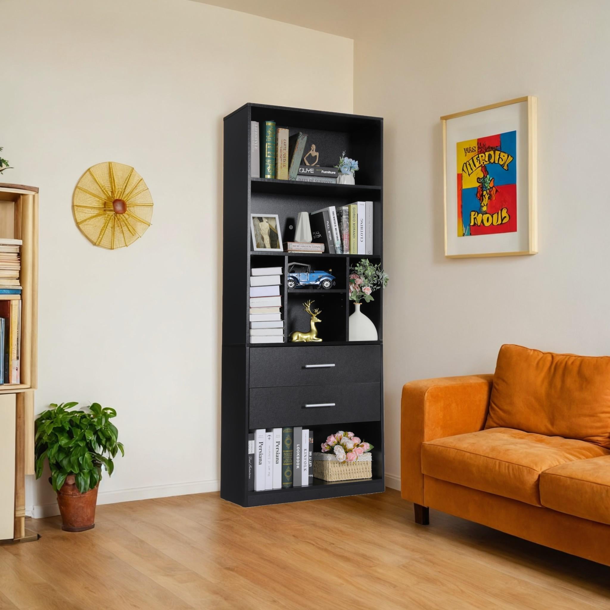 SEJOV White Bookshelf, 71" Tall Bookcase with 2 Drawers, Wooden ...