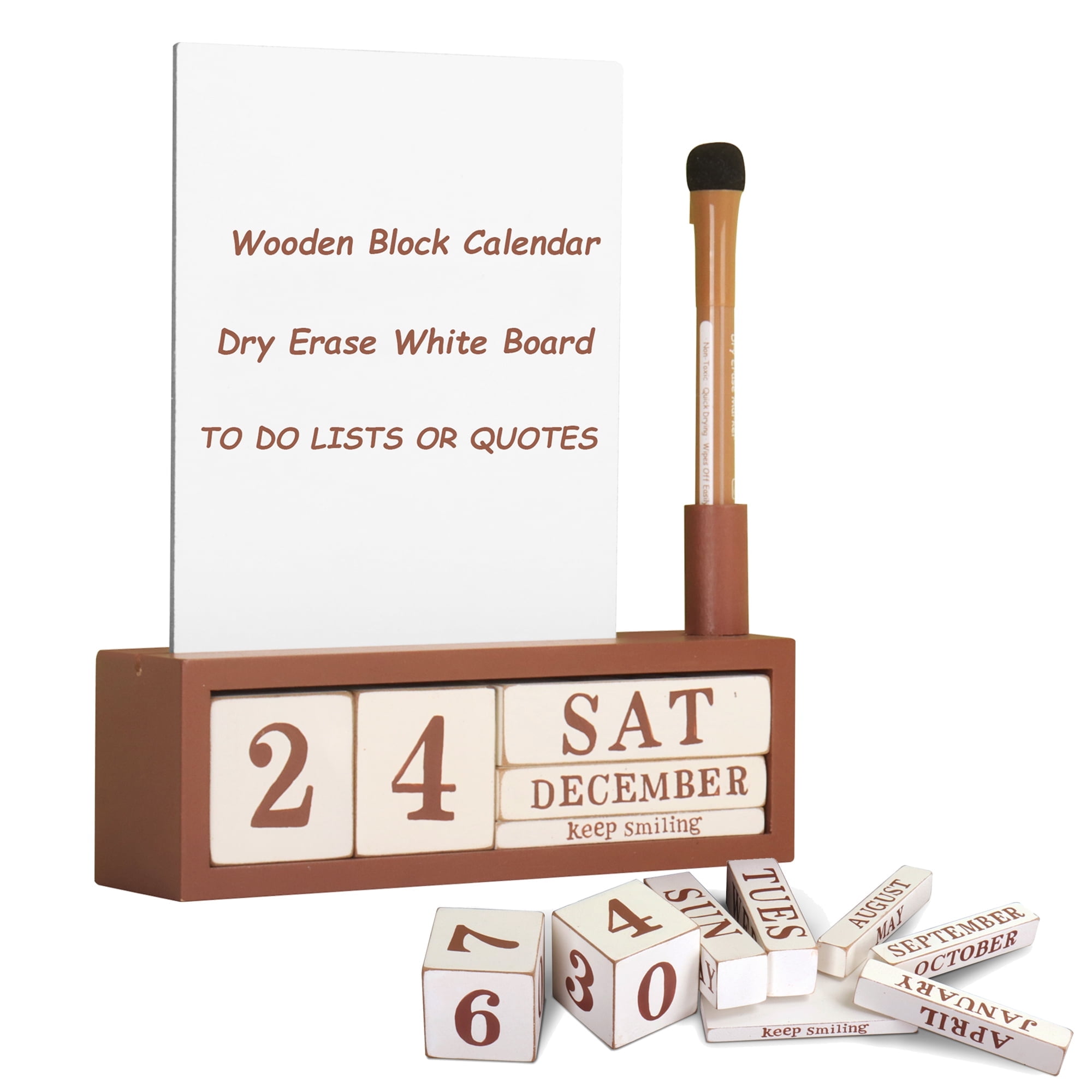 SELEAD Desk Calendar Wooden Perpetual Block with Dry Erase White Board ...