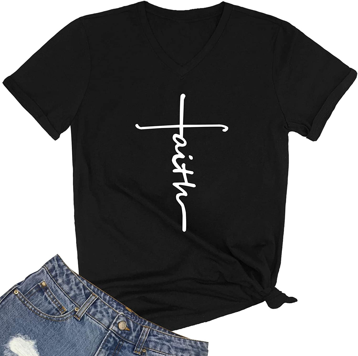 SELECTEES Women Faith Graphic V-Neck Cute Tee Shirts Tops - Walmart.com