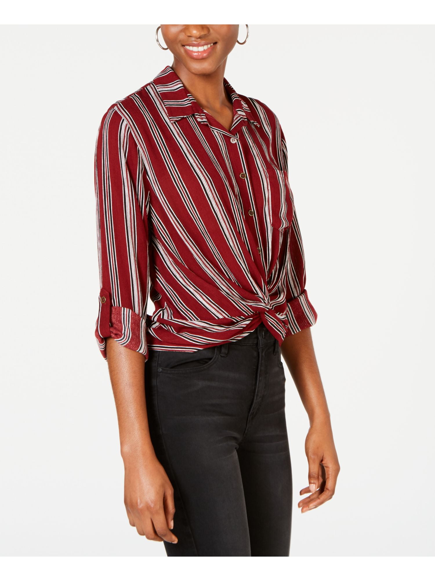 Self E Womens Burgundy Pocketed Twist Front Striped Roll Tab Sleeve