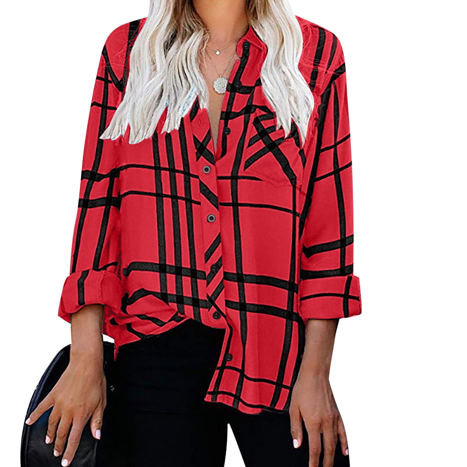 SELONE Button Down Shirts for Women Plus Size Lapel Long Sleeve Blouses ...
