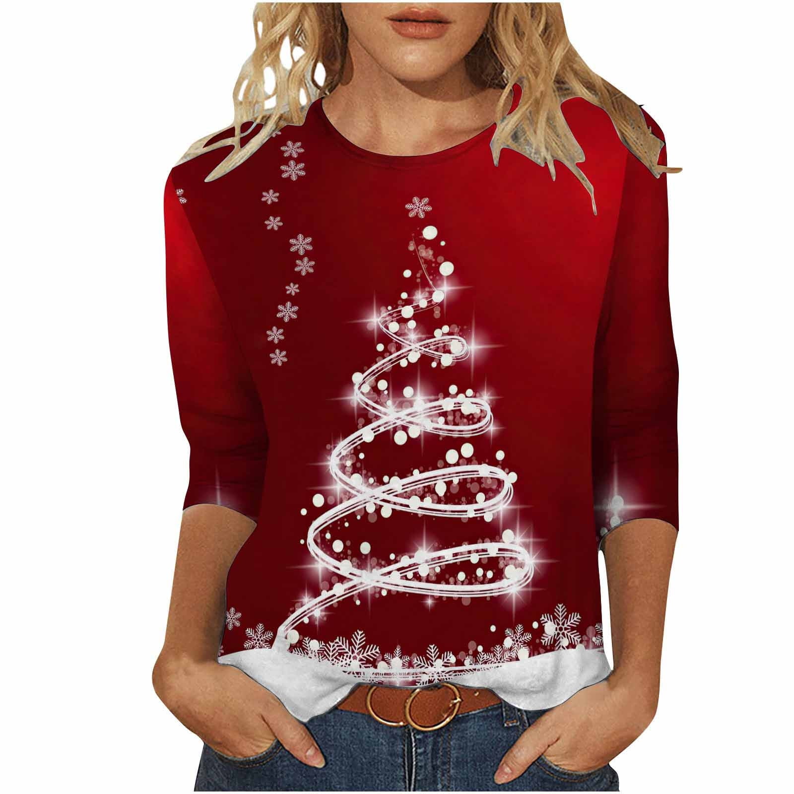 SELONE Christmas Shirts for Women Holiday 3/4 Sleeve Xmas Pullover Tops ...
