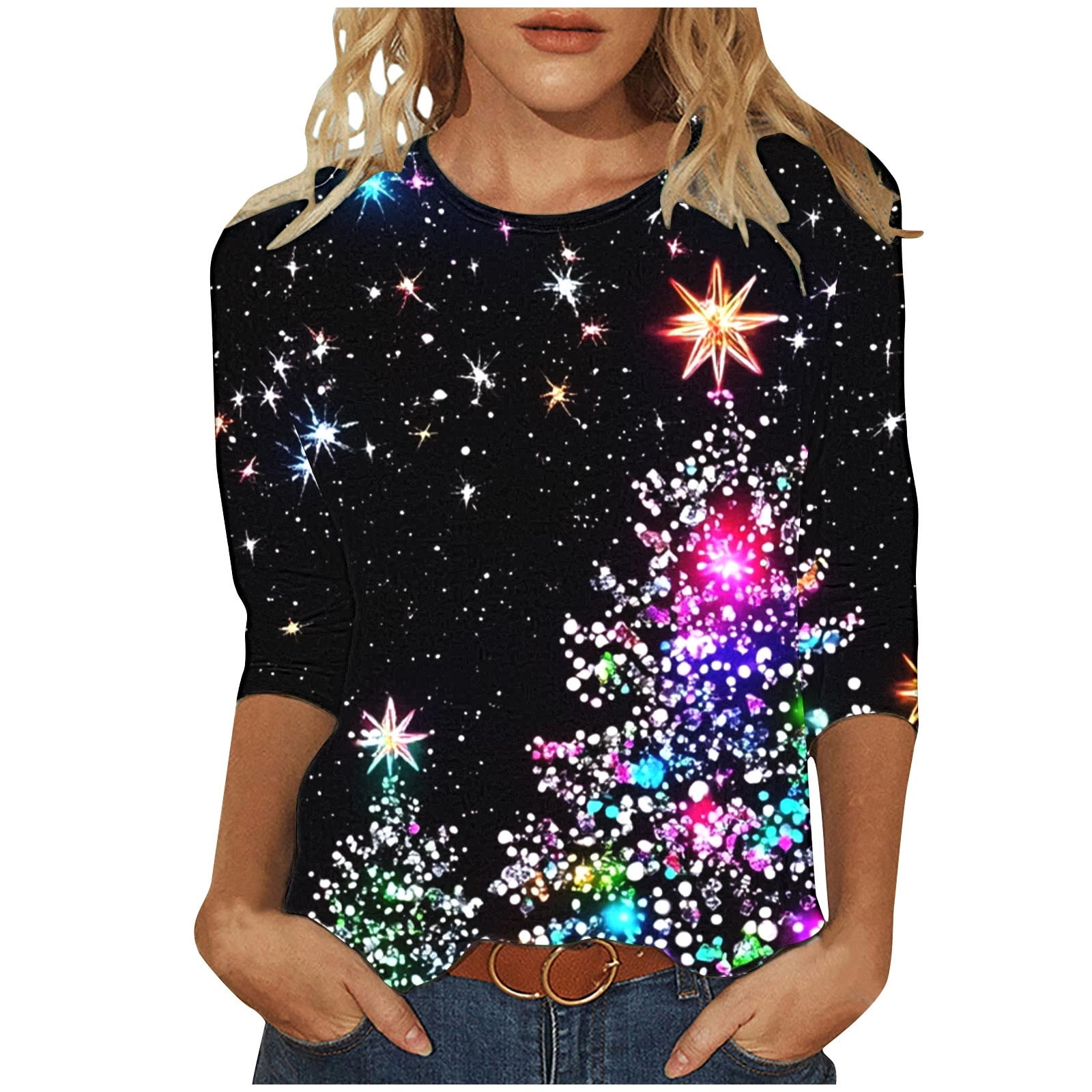 SELONE Christmas Shirts for Women Santa 3/4 Sleeve Xmas Pullover Tops ...