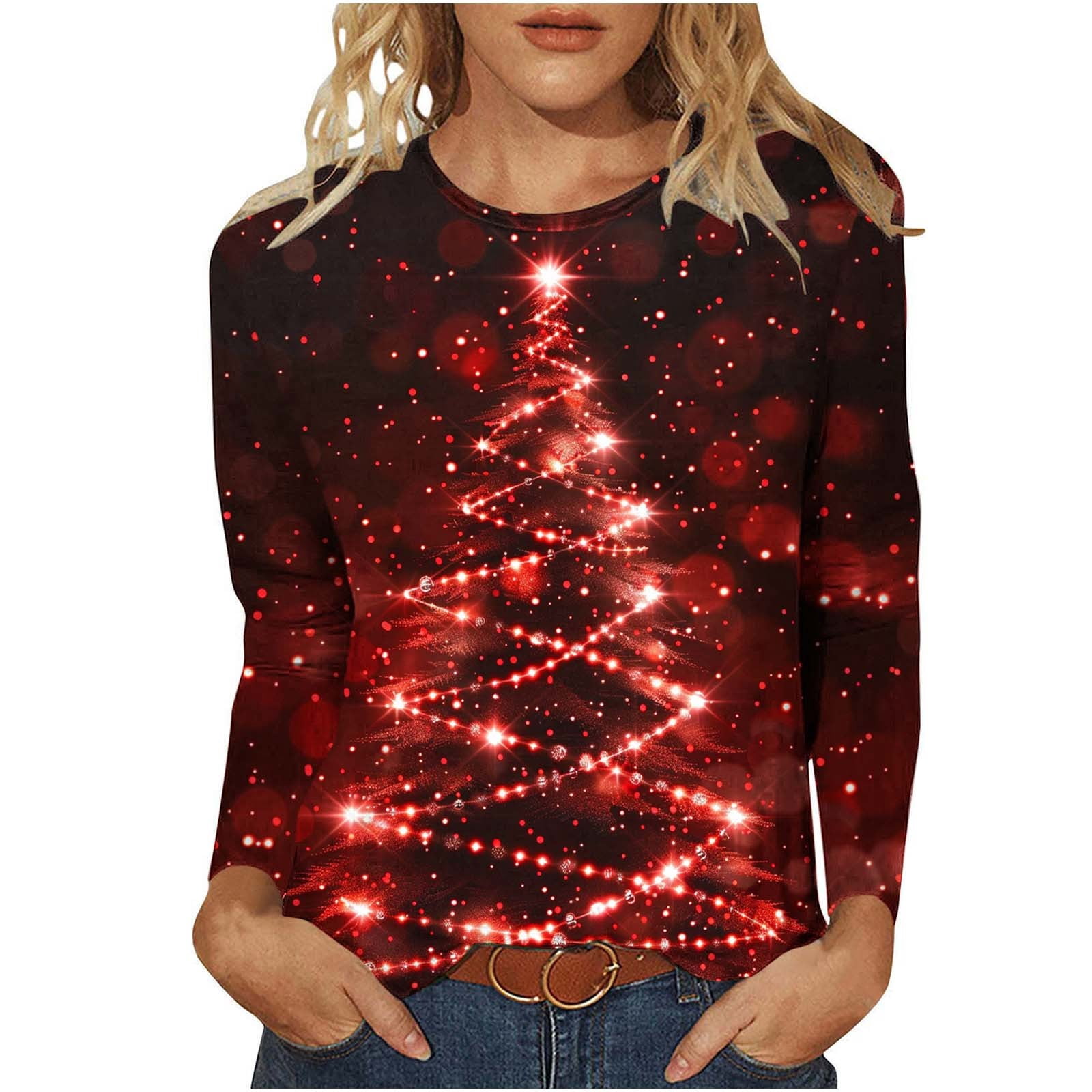 SELONE Christmas Tee Shirts Womens Plus Long Sleeve Xmas Fashion Tees ...