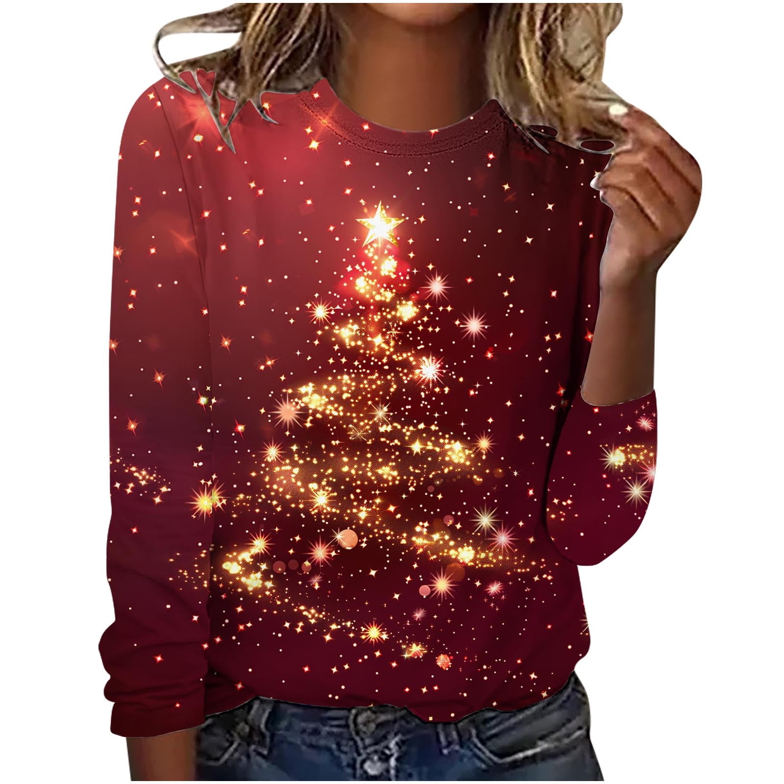 SELONE Christmas Tops for Women Long Sleeve Red Printed Crewneck ...
