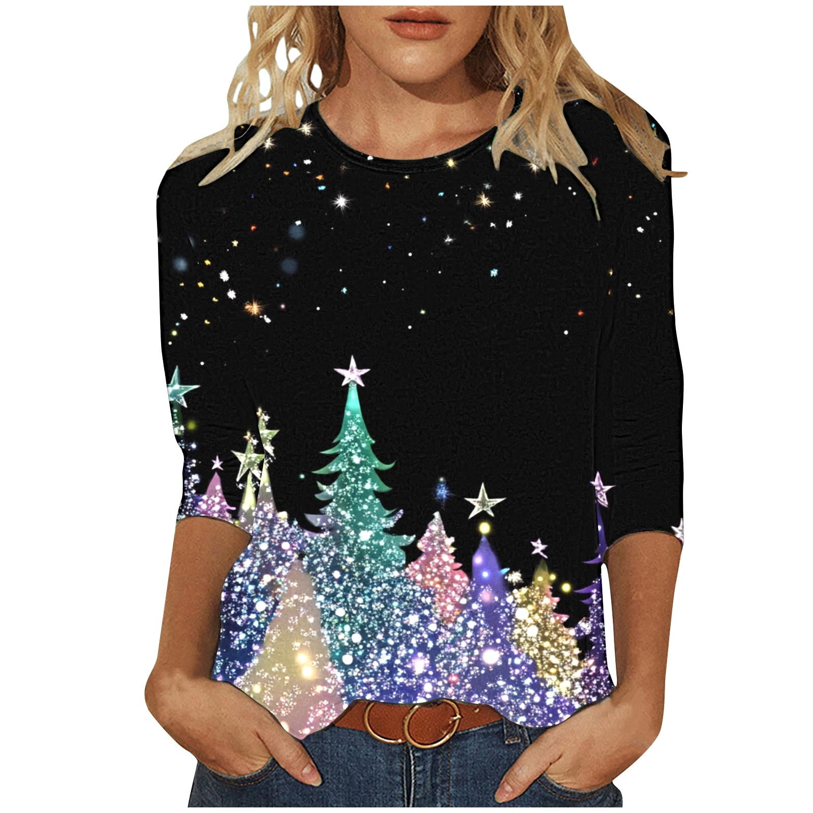 SELONE Christmas Tshirt Women's 3/4 Sleeve Xmas Pullover Tops Snowflake ...