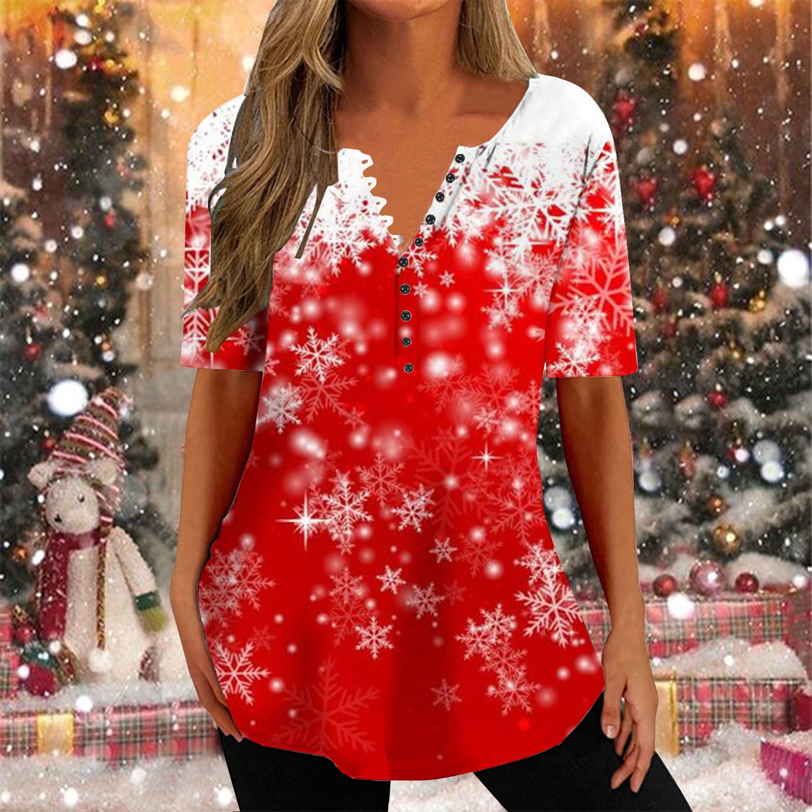 SELONE Christmas Tshirt Women's Short Sleeve Xmas Pullover Tops Button ...