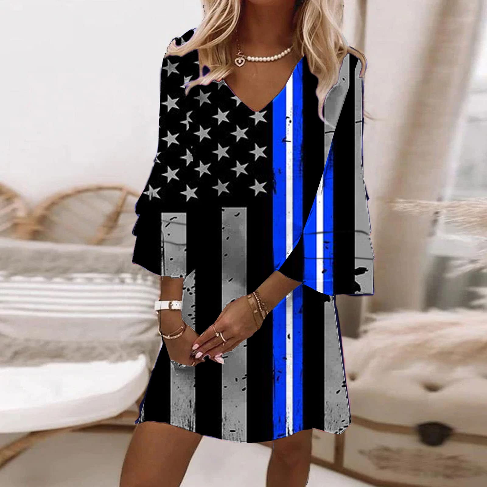 SELONE Fourth of July Ladies 3/4 Sleeve Dresses Boho Midi Plus Size ...