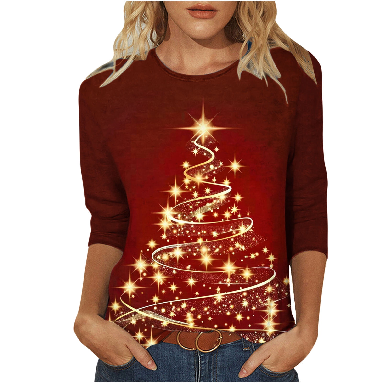 SELONE Ladies Christmas Tops Long Sleeve Red Rund Neck Printed Tops ...