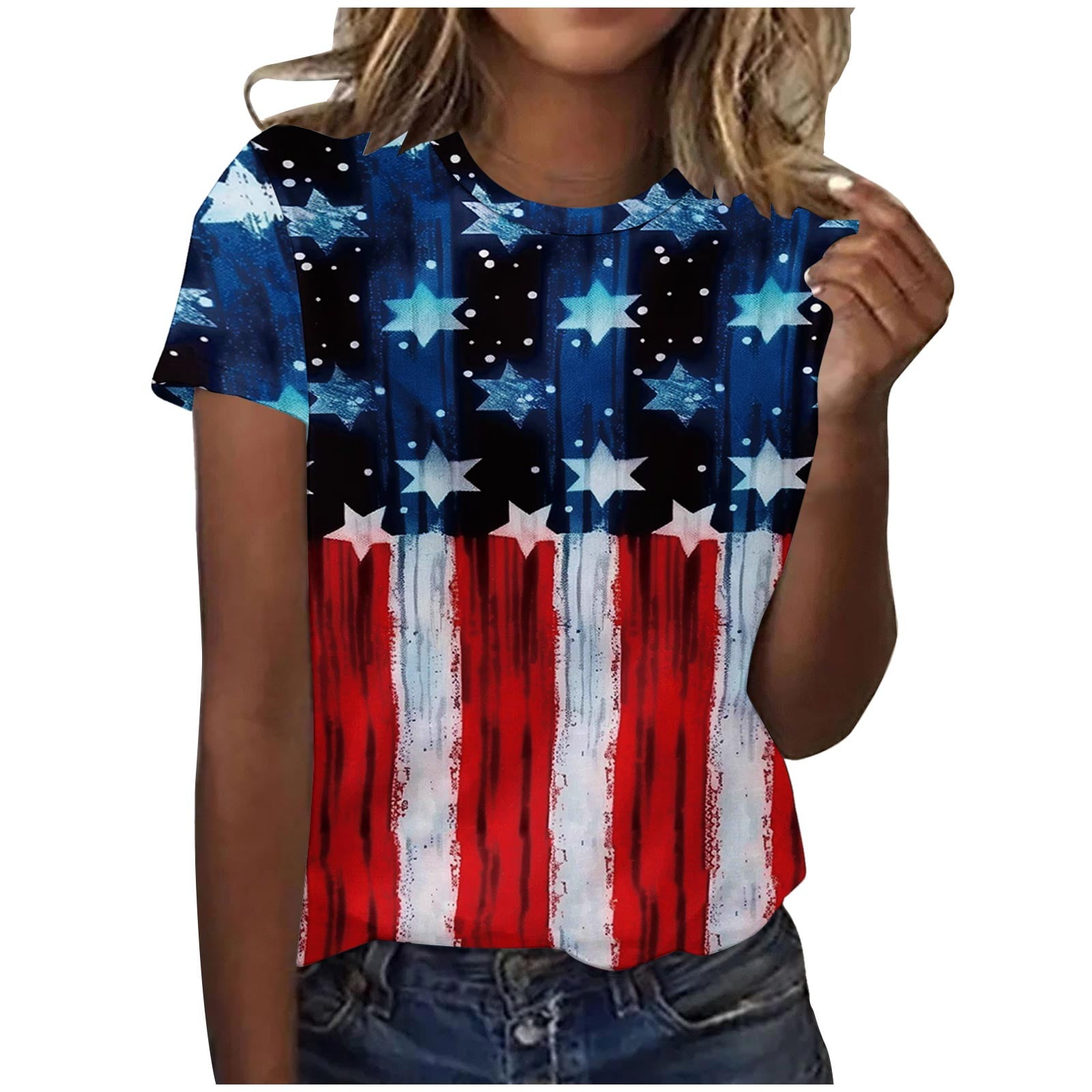 SELONE Ladies Short Sleeve Tops USA Flag Themed Crewneck Fourth of July ...