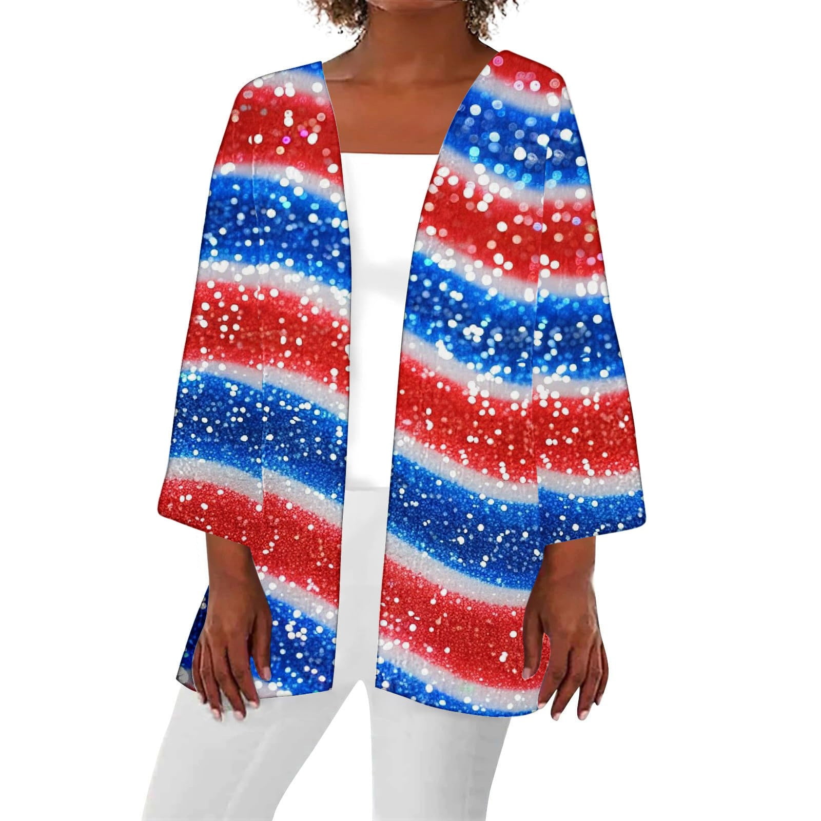 SELONE Light Cardigans for Women American Flag 3/4 Sleeve Collarless ...