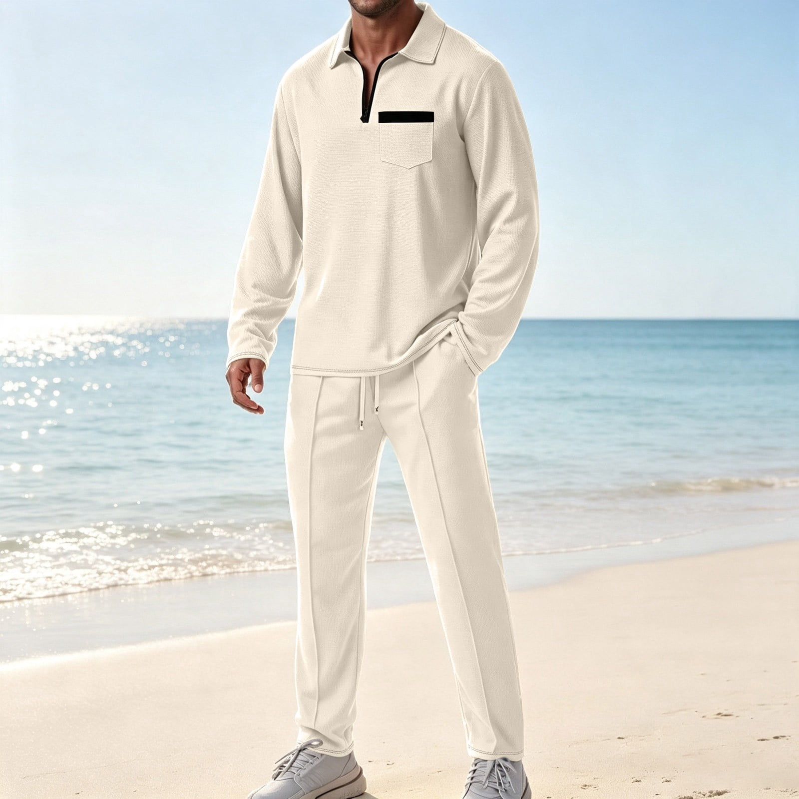 SELONE Mens Two Piece Set Outfits Collared Long Sleeve Pullover Top ...
