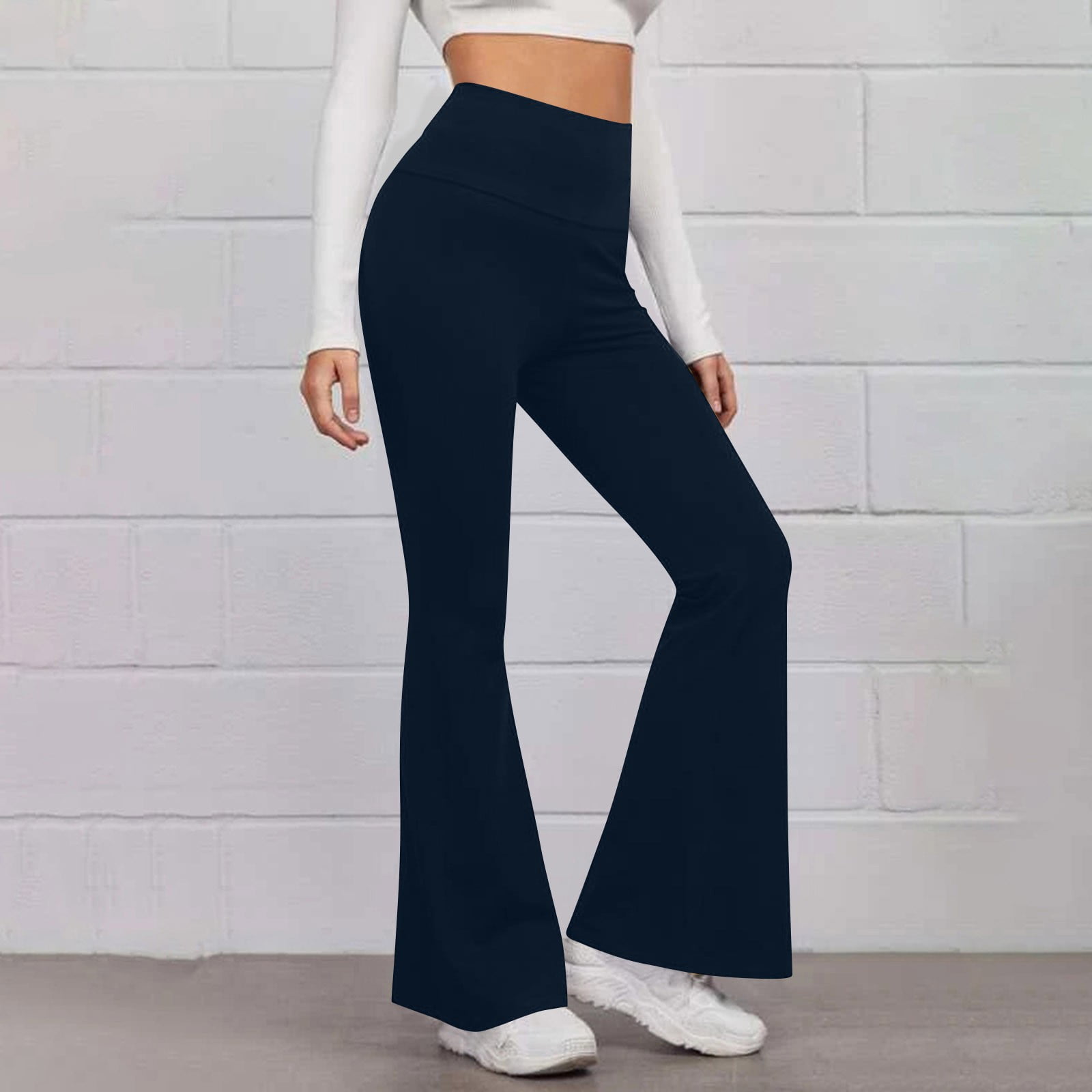 SELONE Navy Plus Size Yoga Pants Flared Leg Mid Waist Gym Leggings Full ...