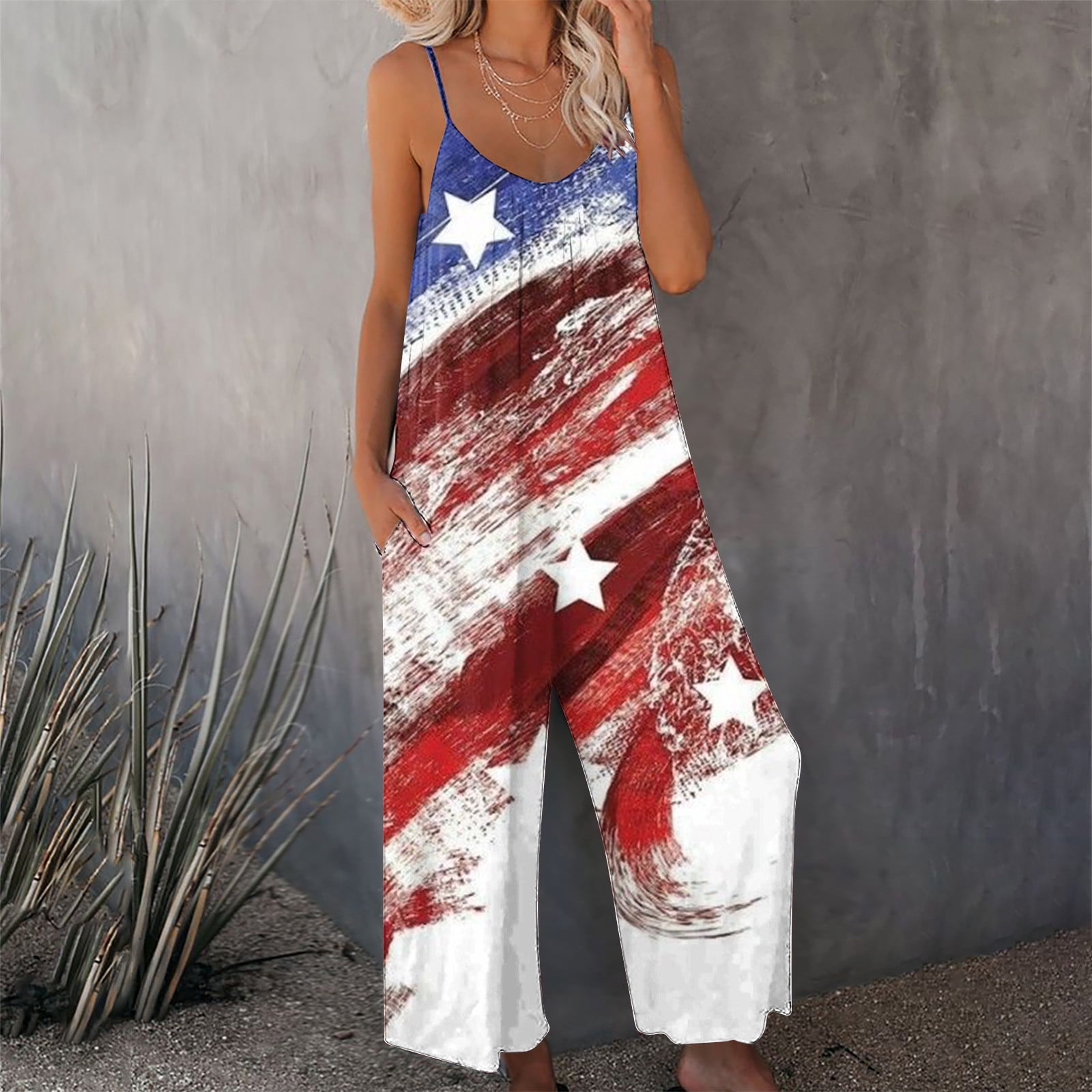 SELONE Red White Blue Summer Rompers for Women Knee Length Star Striped ...