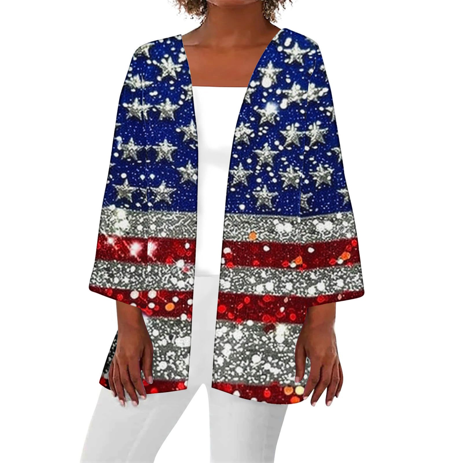 SELONE Summer Cardigan for Women USA Flag Themed 3/4 Sleeve Collarless ...