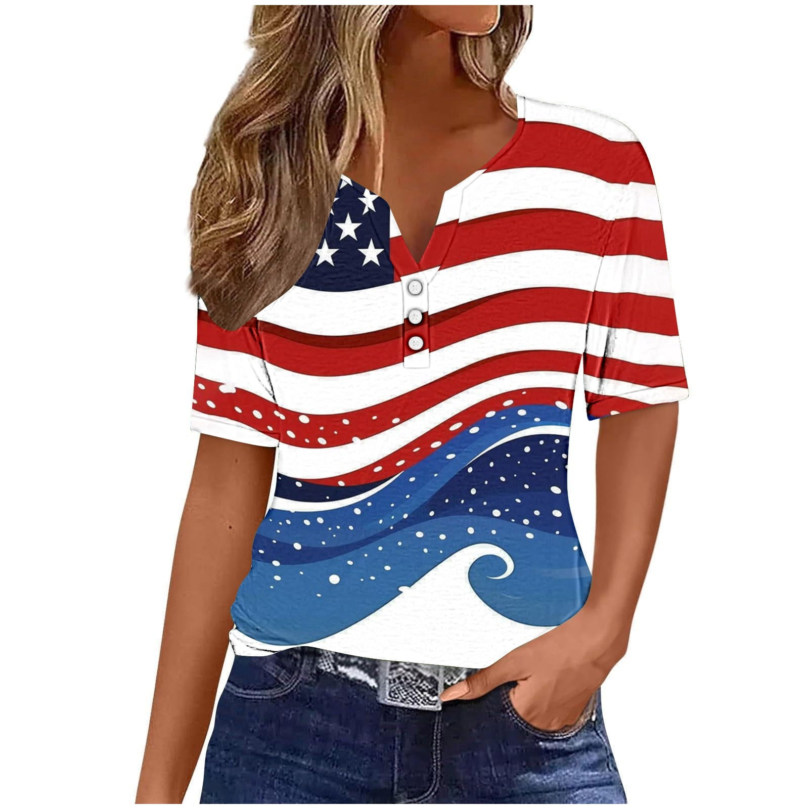 SELONE T-Shirts for Women Memorial Day Plus Size Short Sleeve Notch ...